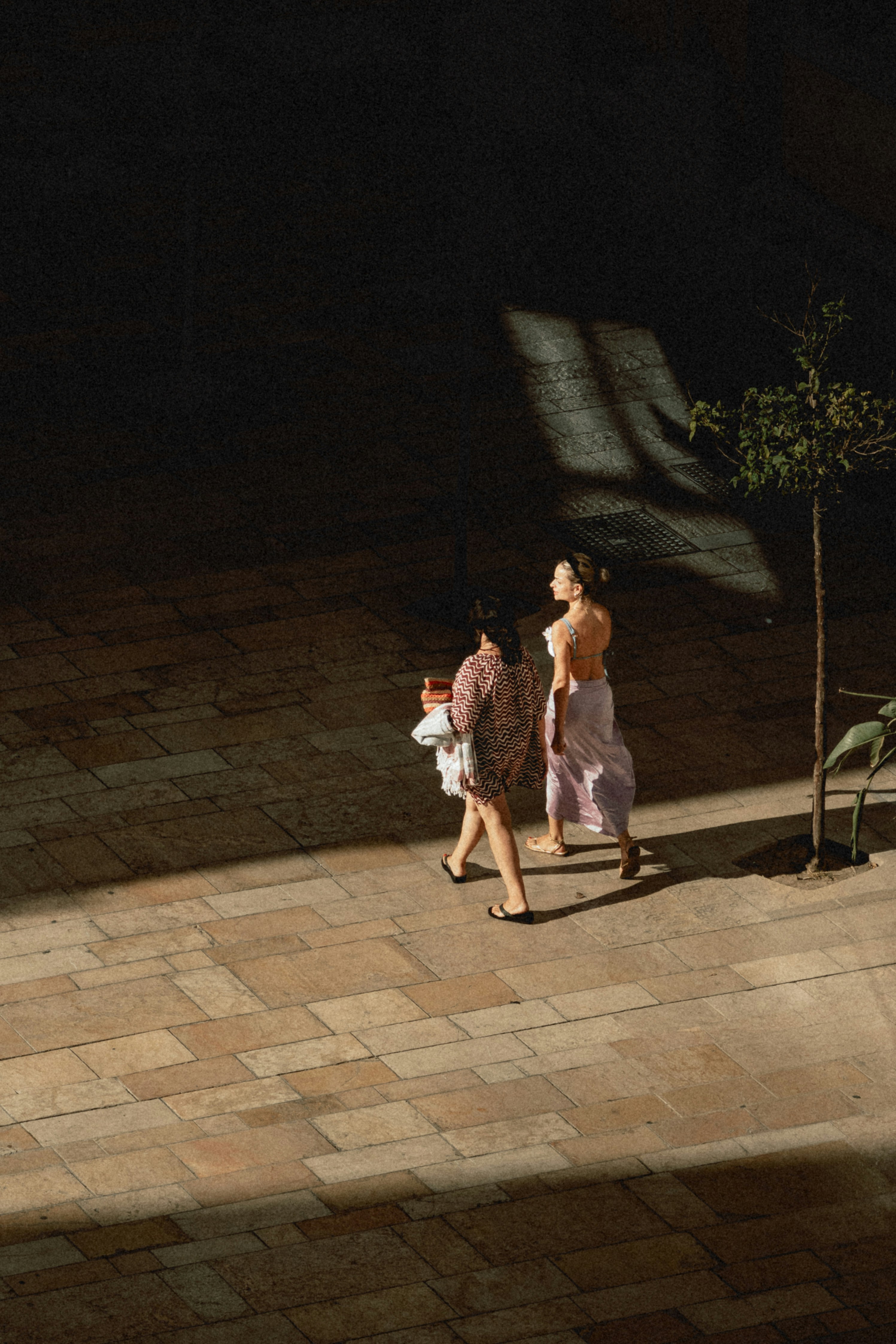Sunlit Courtyard Stroll: Two Women in Dappled Shade