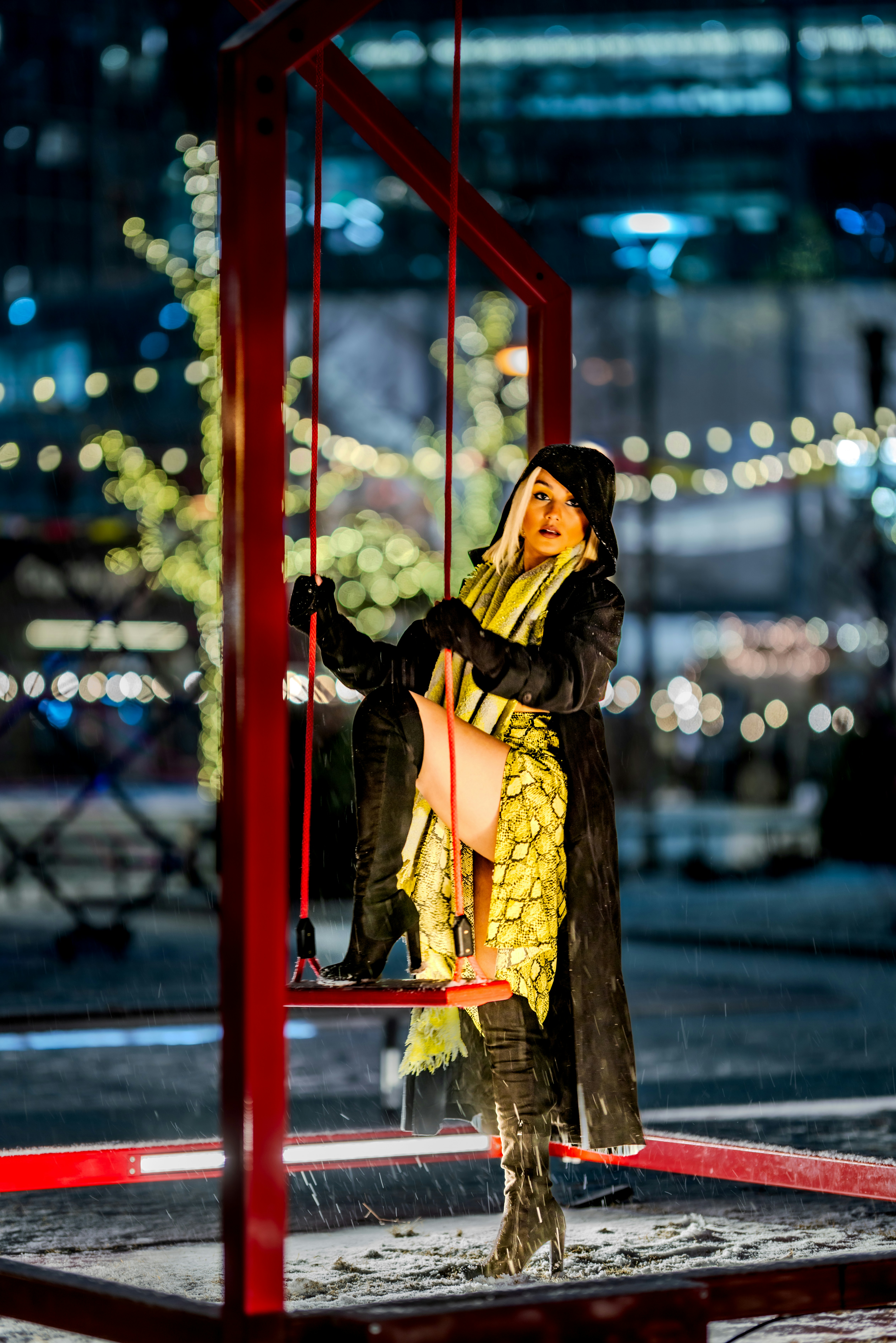 Moonlit Carousel of Confidence: A Night Portrait on Red Rides