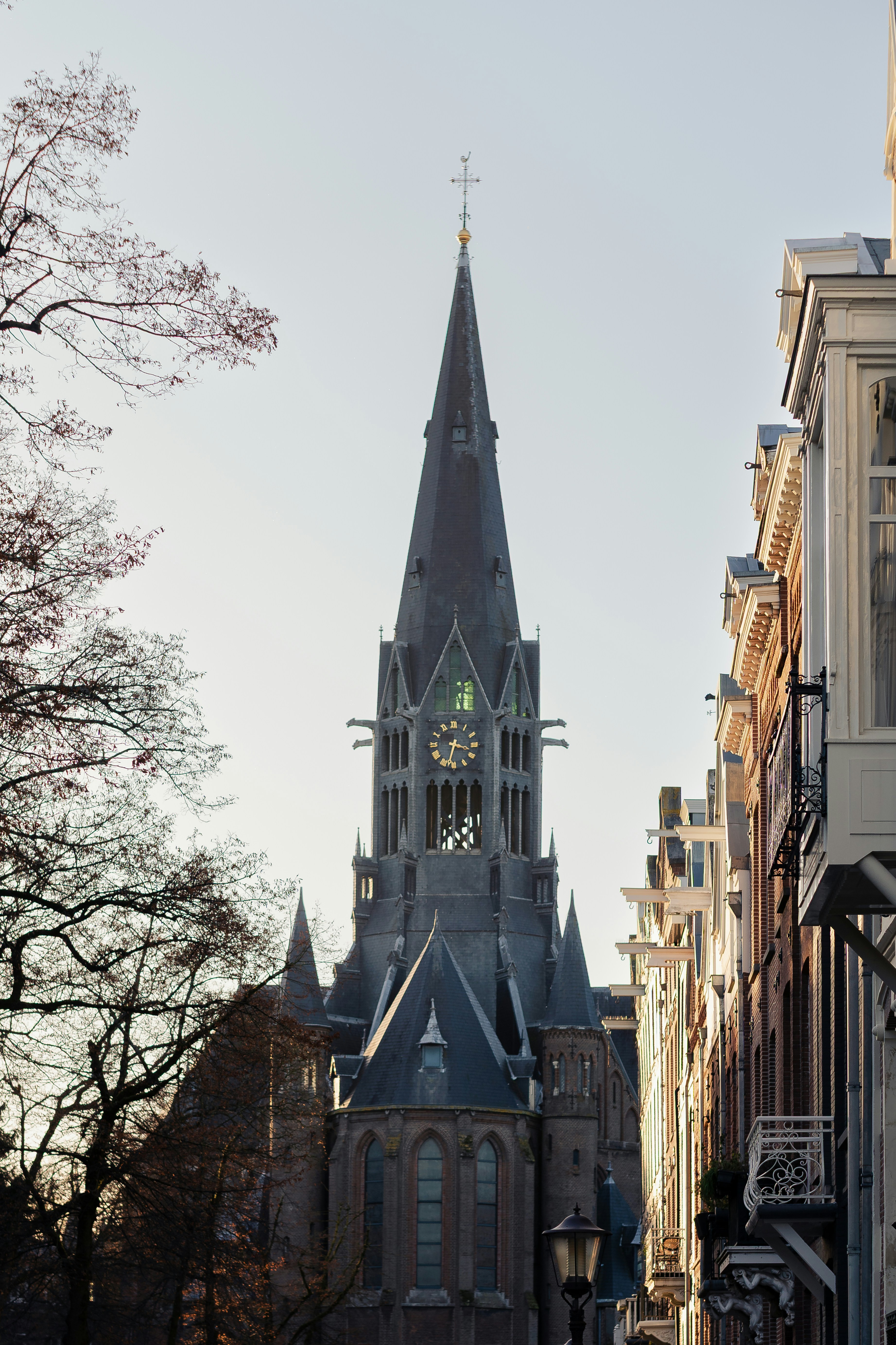 Gothic Spire Over a Quiet City Street