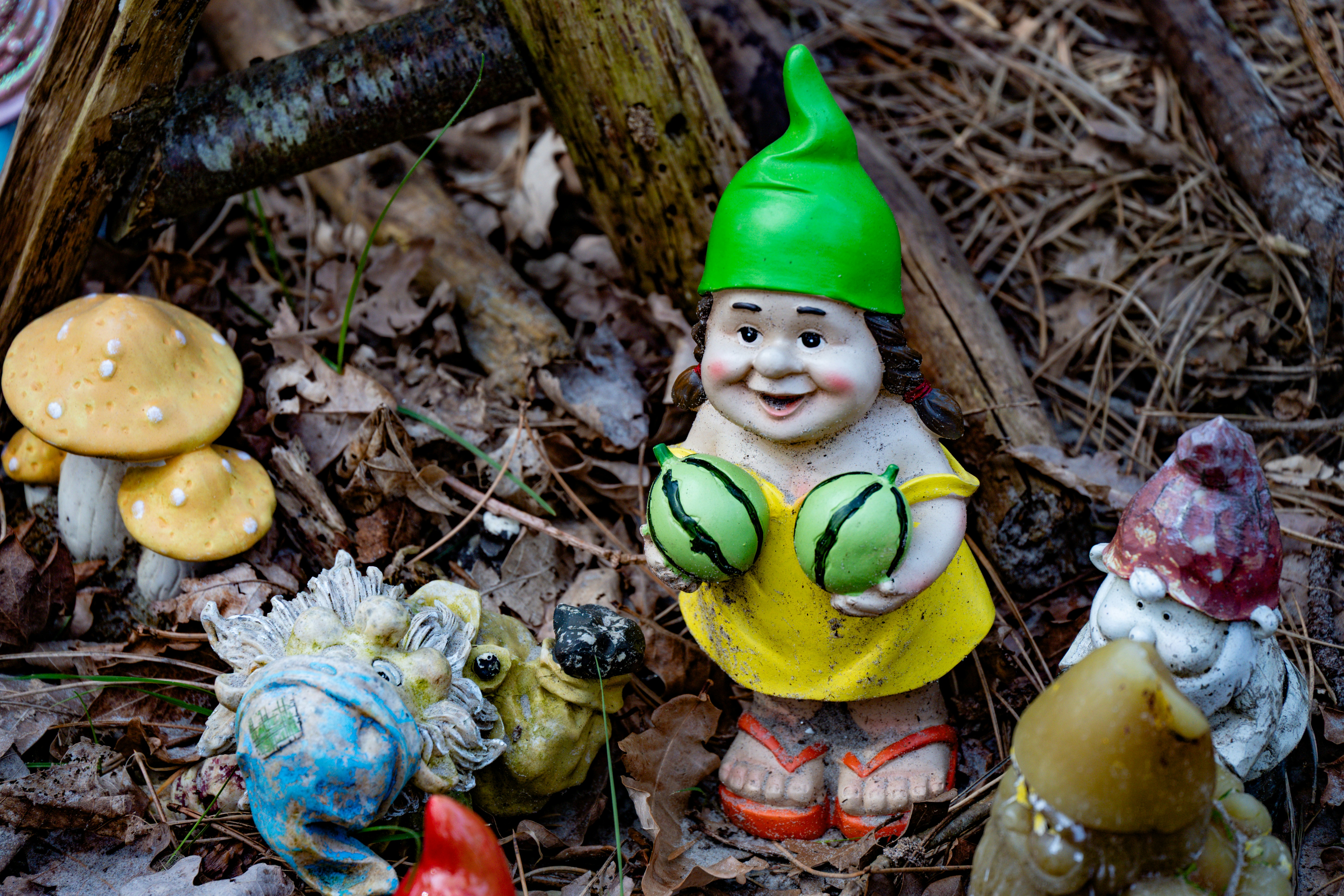Caretaker of the Garden Spirits: A Tiny Figure Among Mushrooms