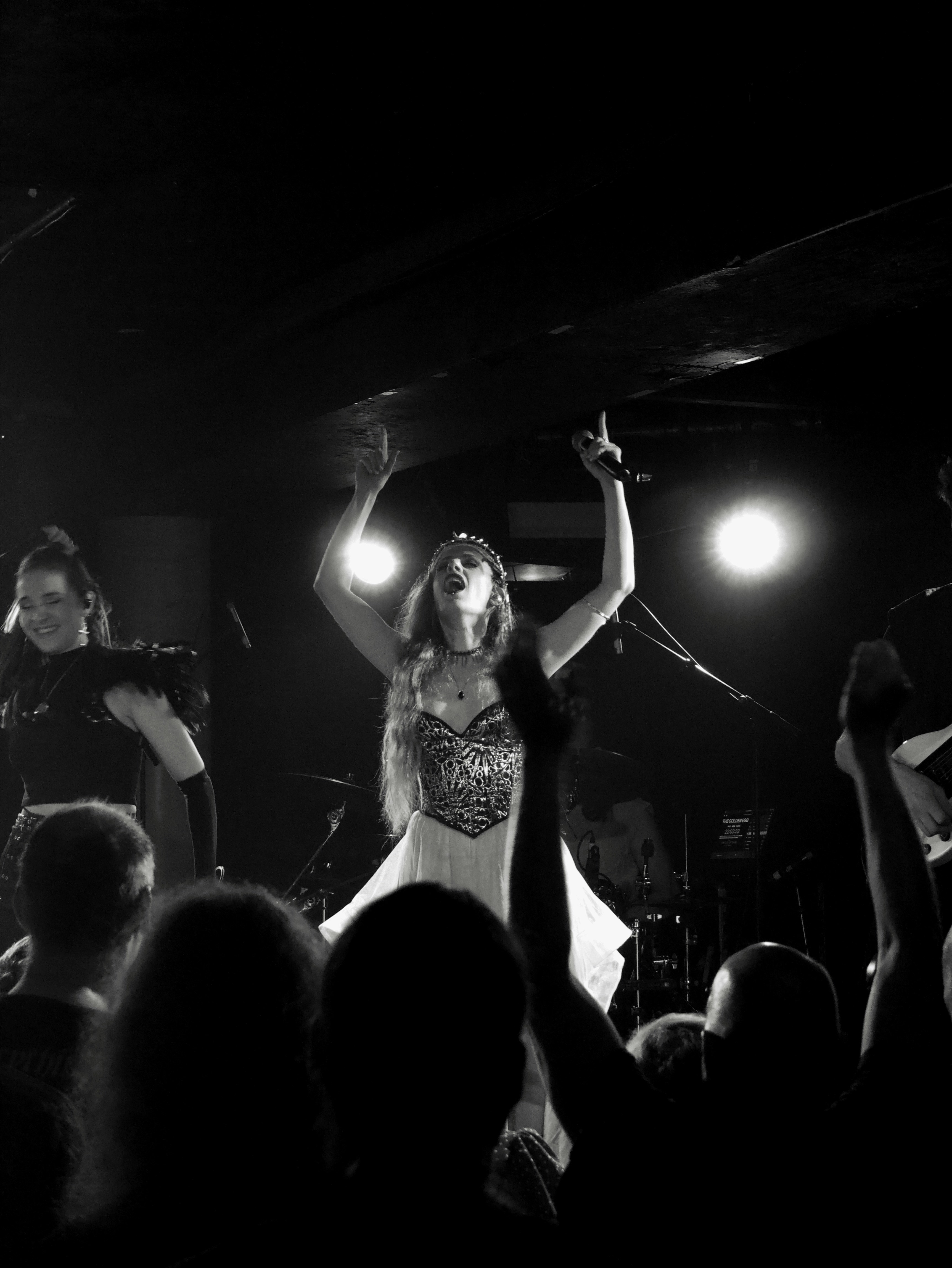 Center Stage Pulse: A Sparkling Lead Singer Amid a Silhouette of Fans