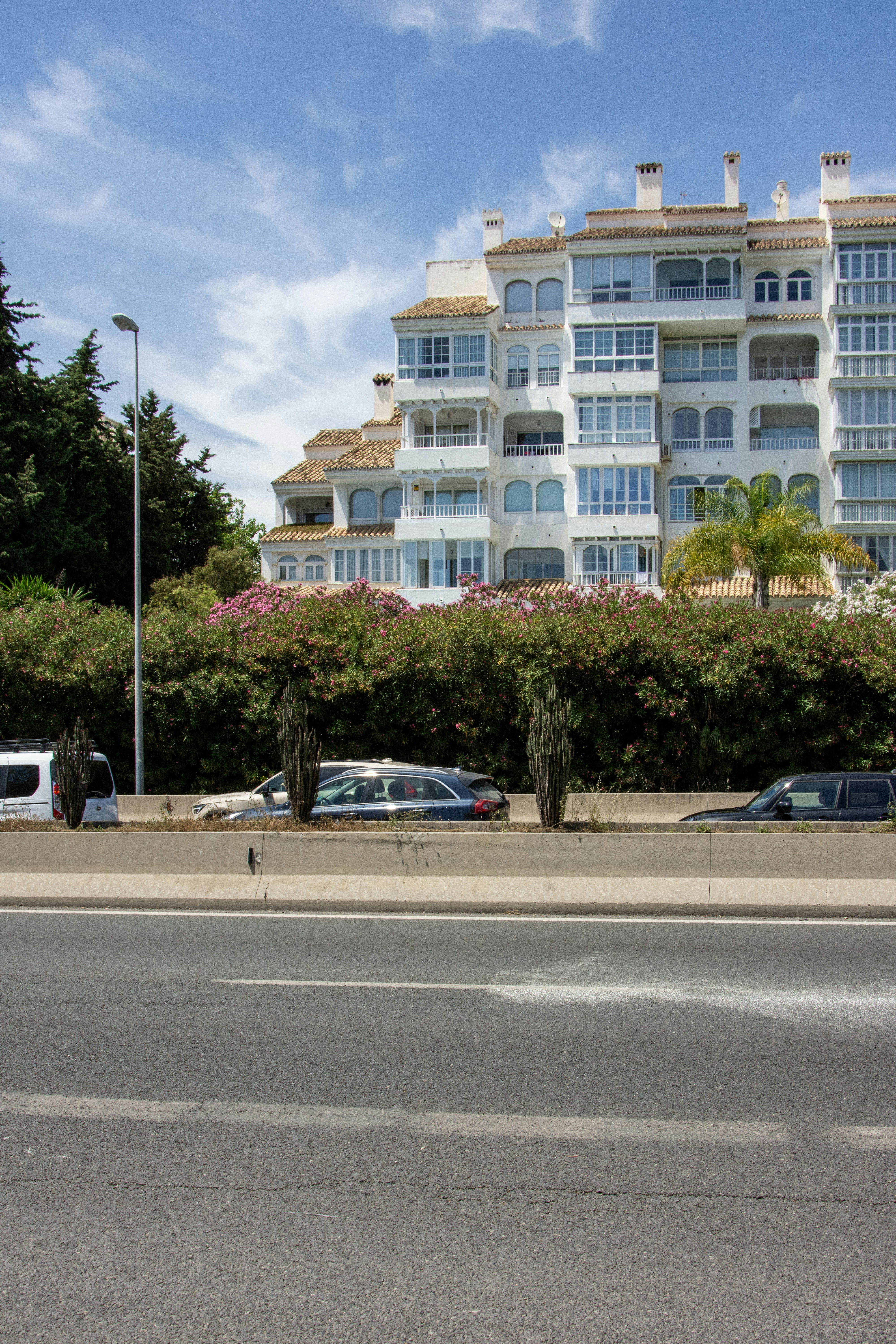 Sunlit seaside apartment block rising above flowering hedges