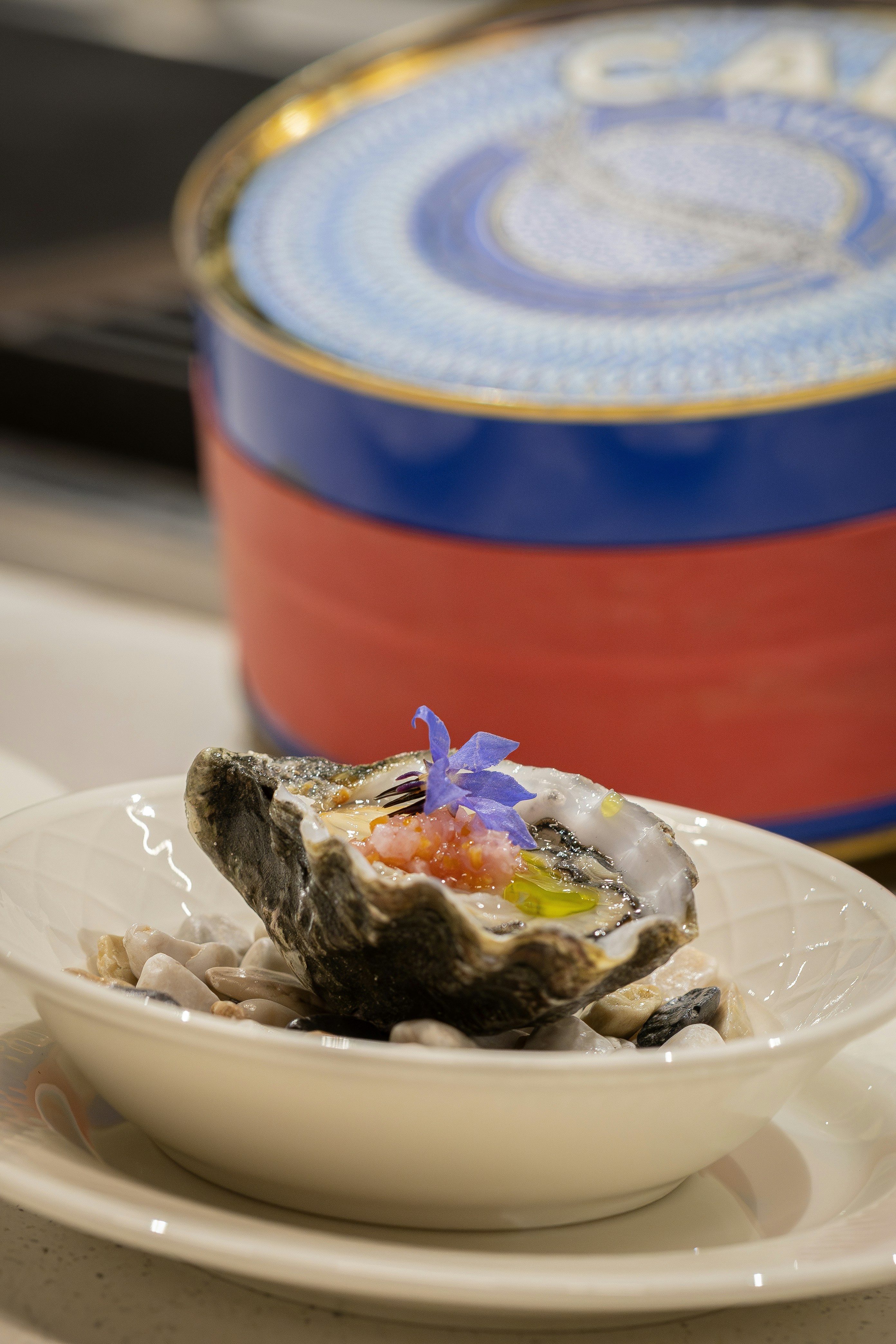 Oyster Gem on a Plate: Pearl-Blue Blossom Adorns Sea-Salted Creation