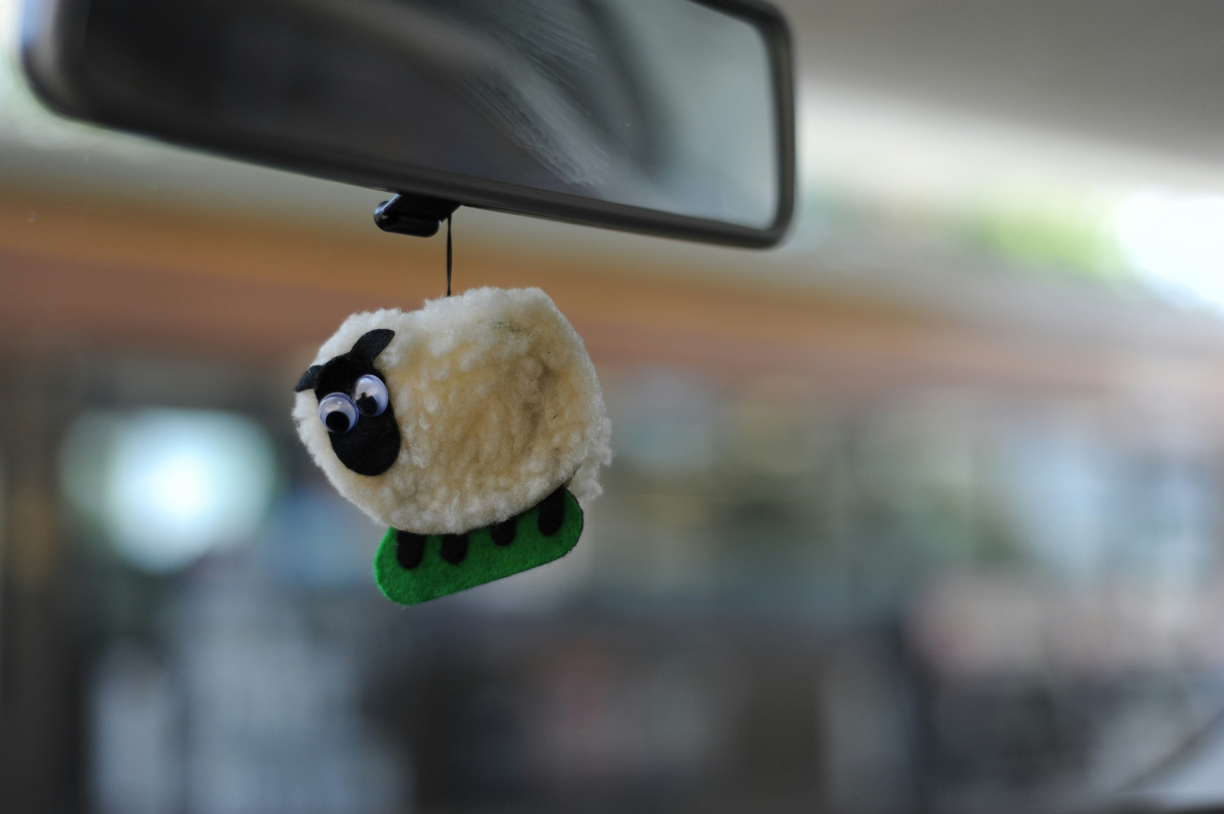 Fluffy Motif Hangs from the Mirror in a Quiet Car Interior