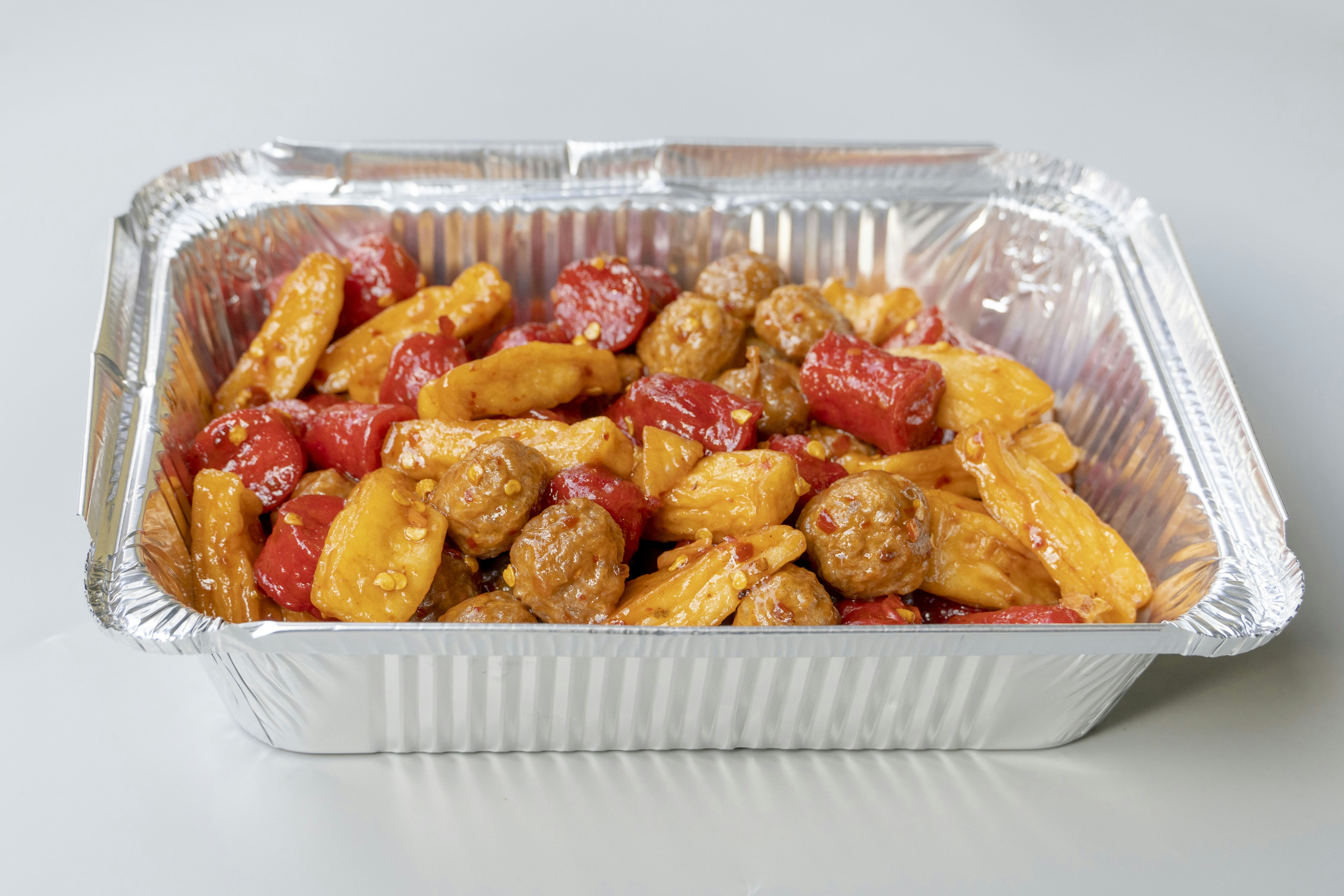 Golden Snack Mix in a Gleaming Aluminum Tray