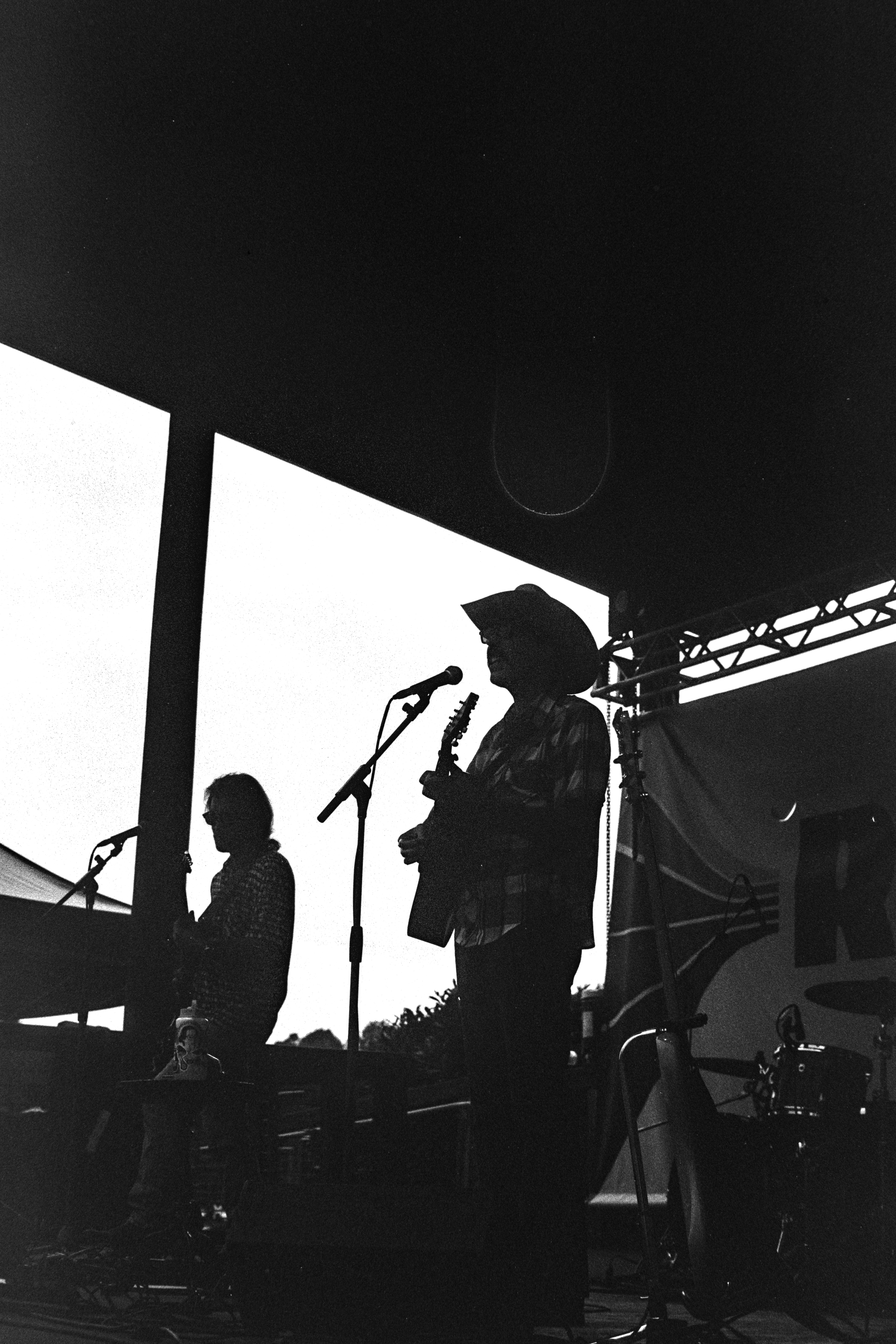 Silhouetted Duo on Stage: Guitars and Microphones in Black-and-White