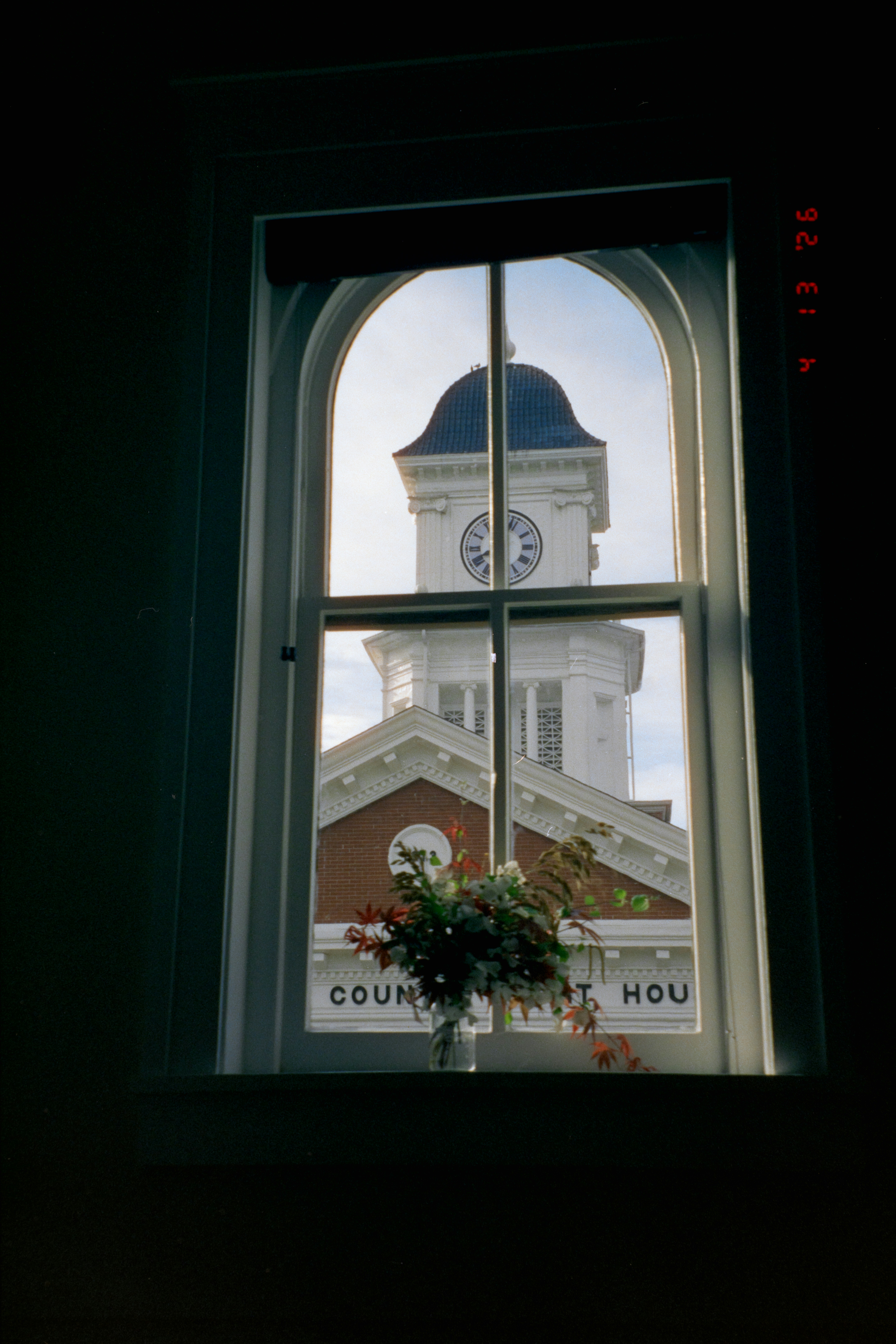 Clock Tower Through a Window: A Floral Window View