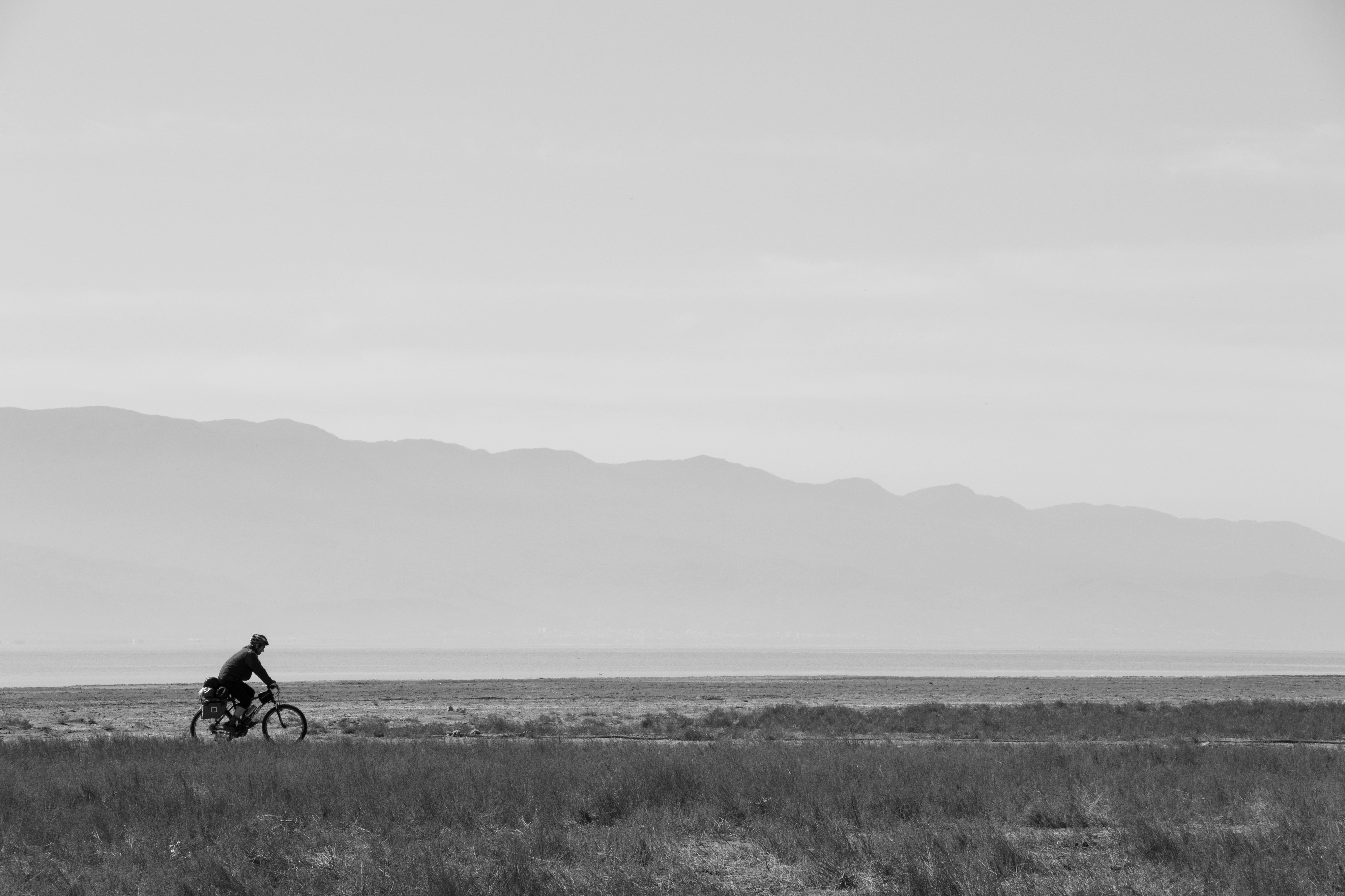 Lonely Cyclist Crossing the Shoreline Horizon