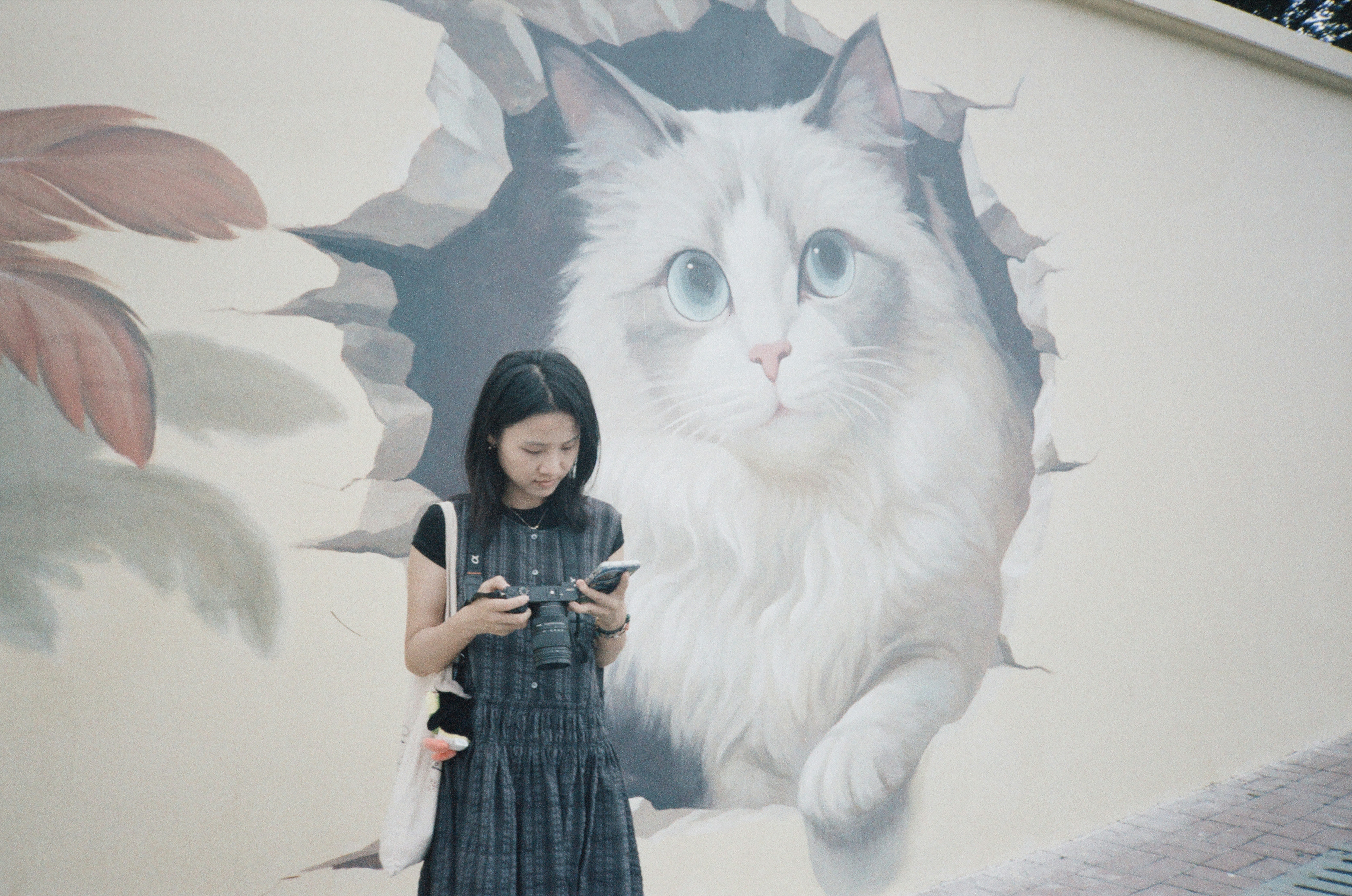 Girl in Front of a Gentle Giant: A Neon Cat Wall Portrait