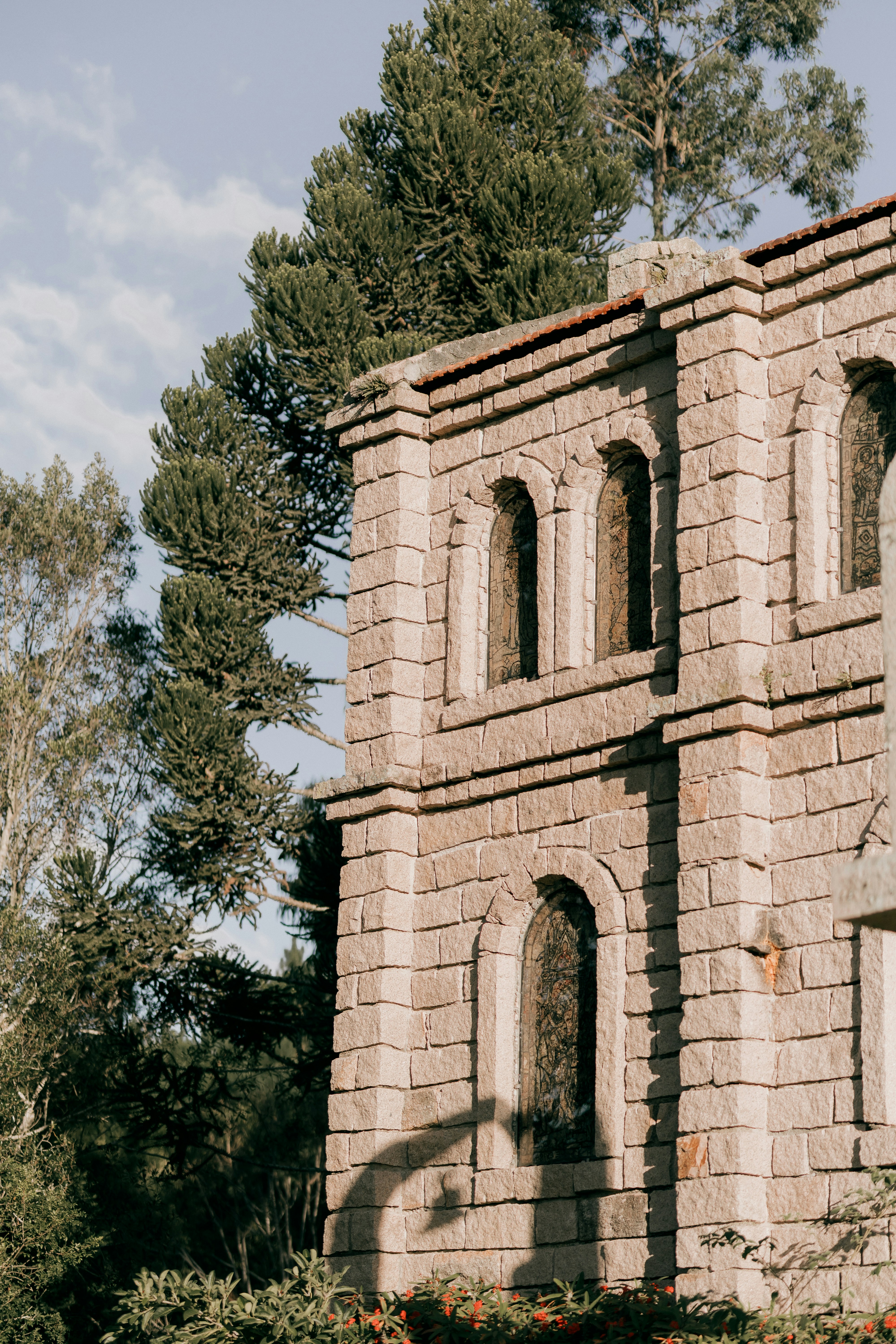 Stone Facade of an Old Hall Reaching Toward the Sky
