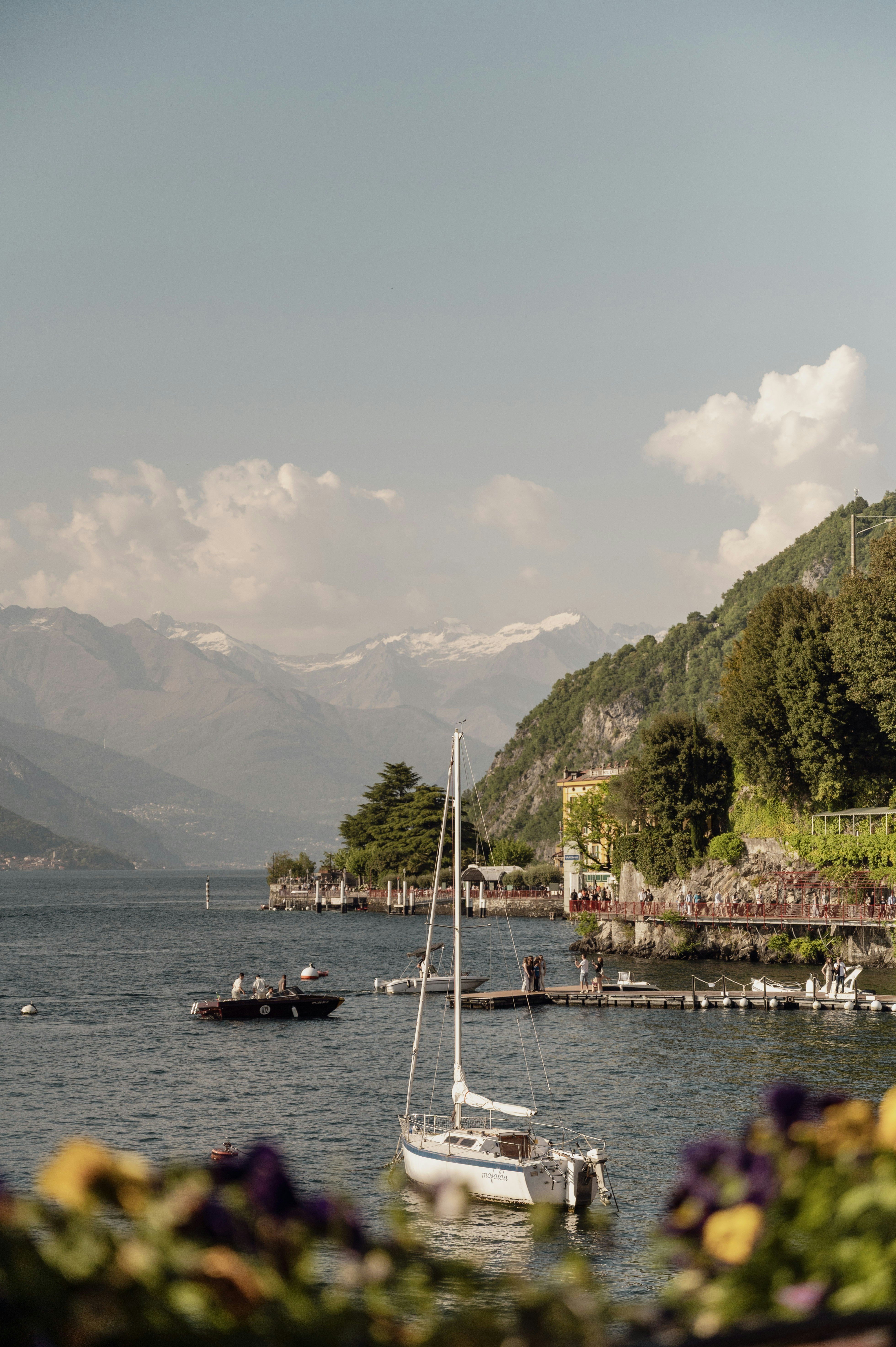 Sailboat on a Tranquil Alpine Lake Framed by Blossoming foreground