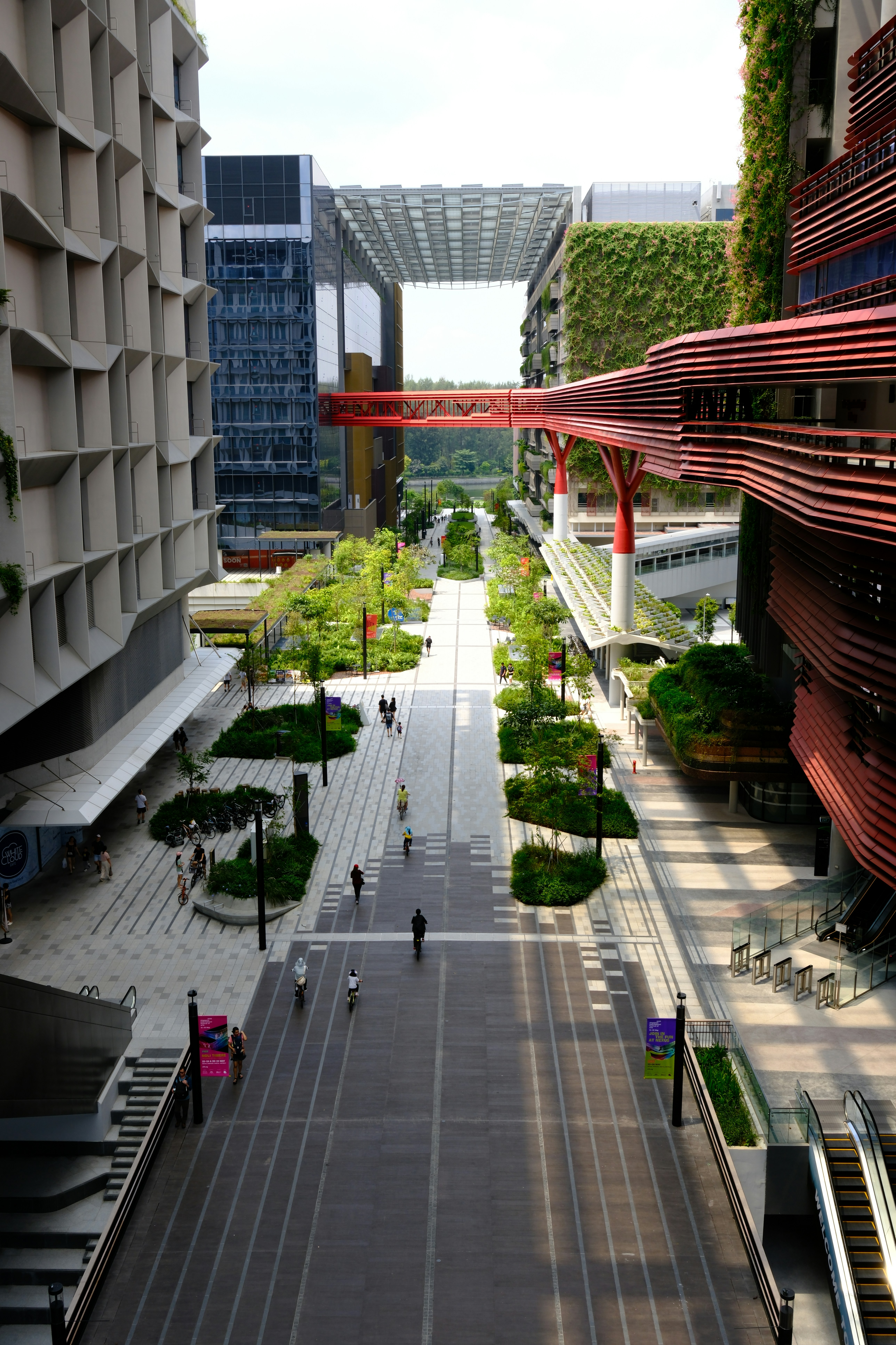 Aerial Atrium: Linear boulevard through a green, modern complex