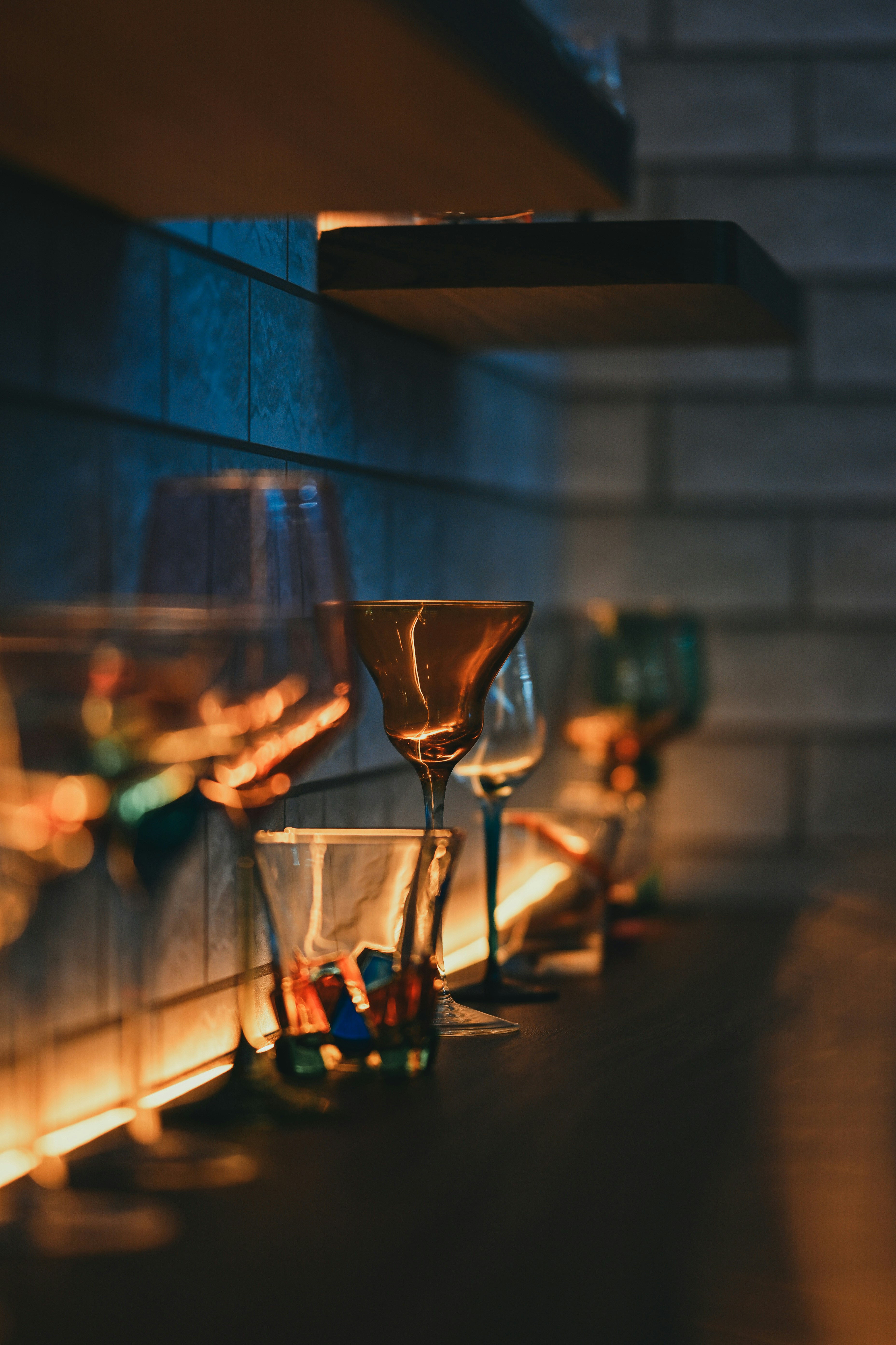 Glassware in Neon Glow: A Quiet Bar Portrait