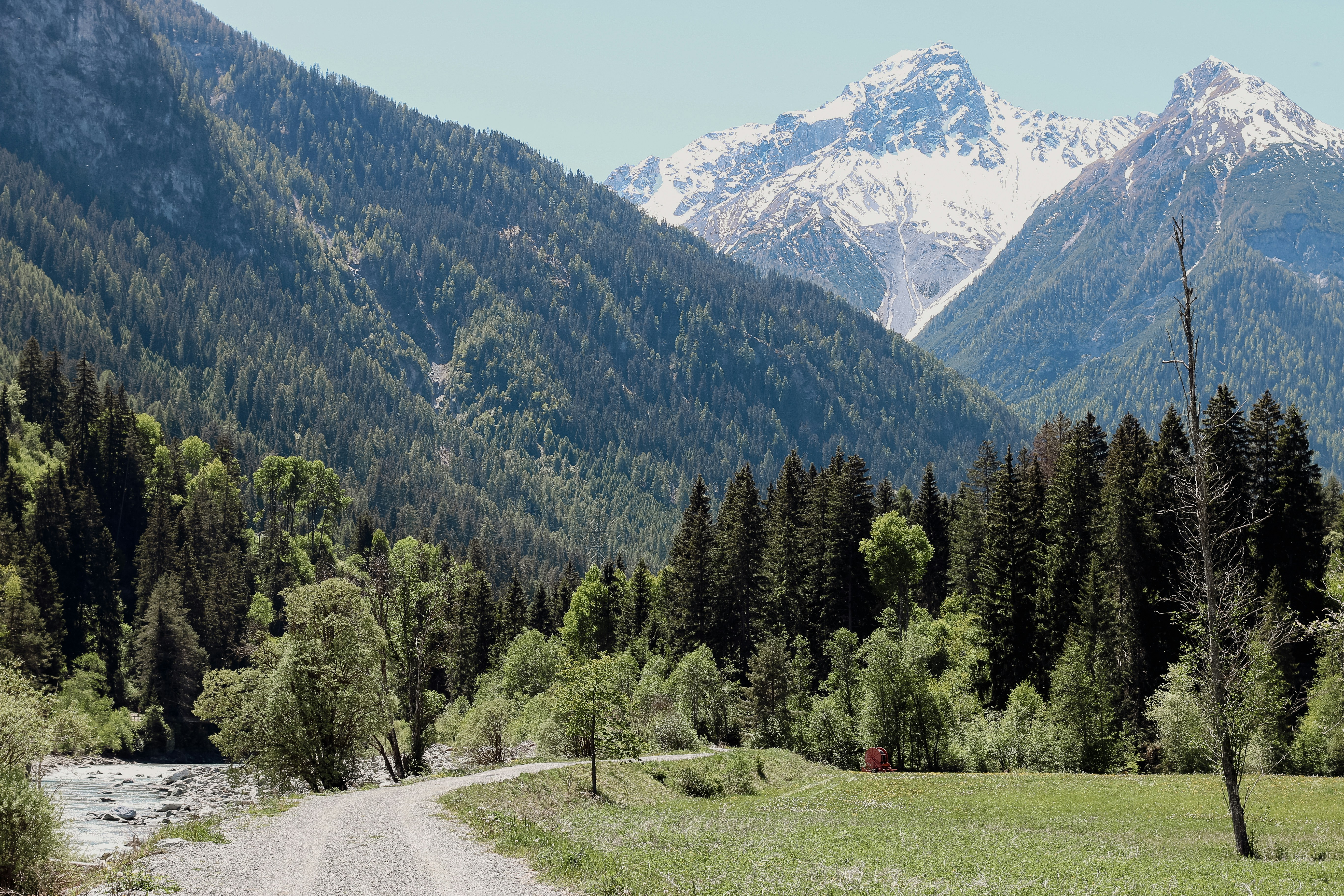 Bottom-dleaved Valley Path Toward Snow-Crowned Peaks