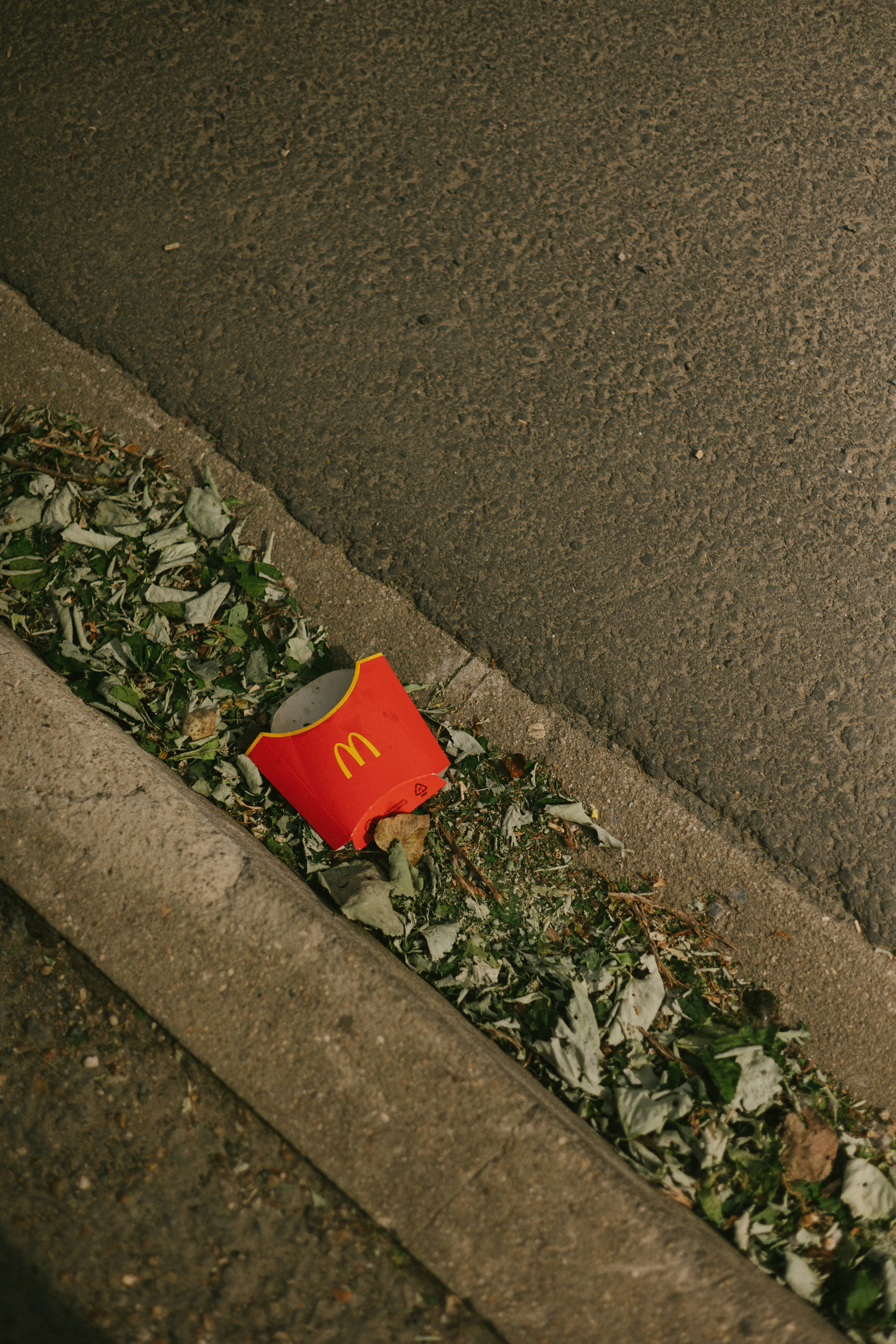 Crimson Cardboard with Golden Arches on a Curb