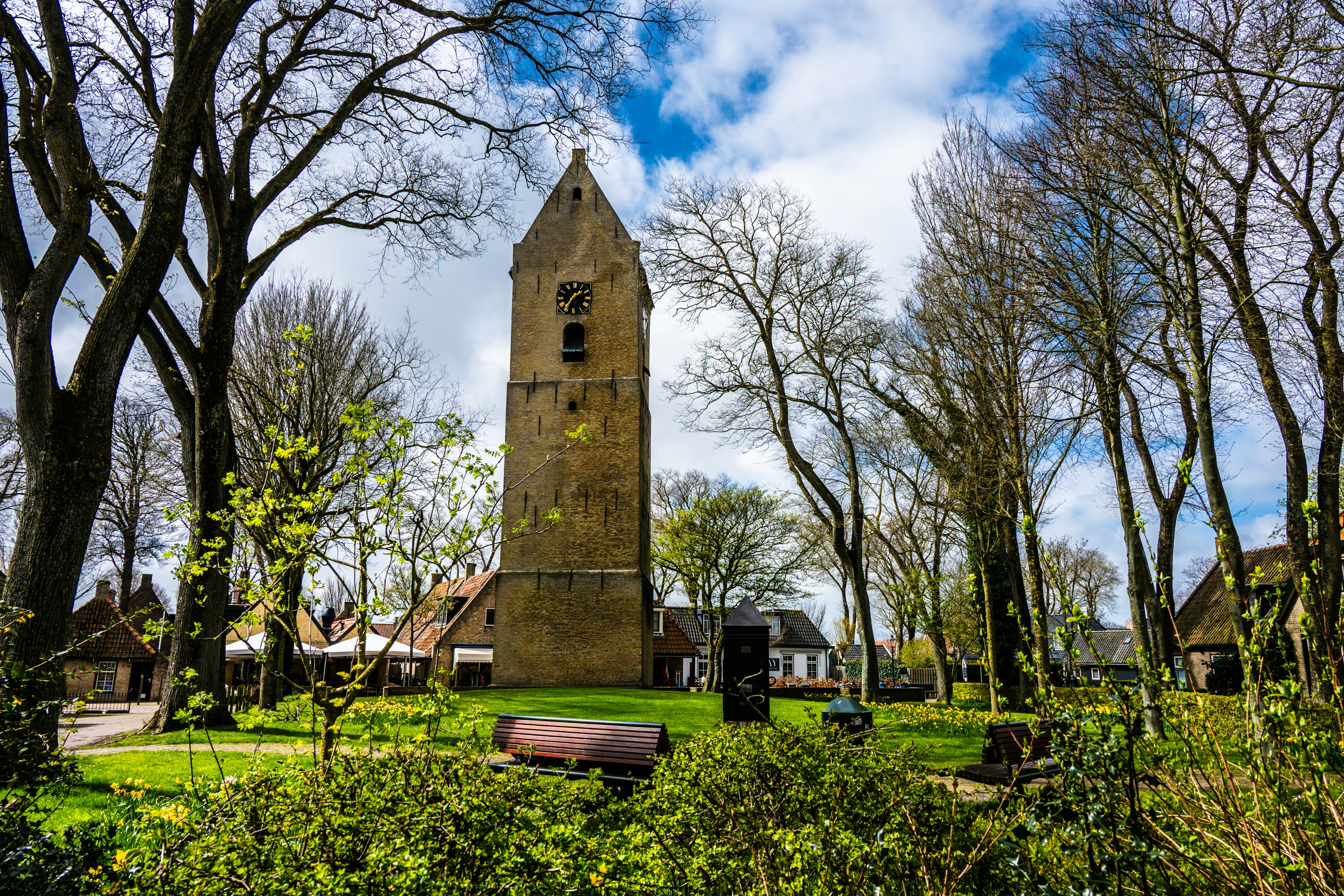 Clocktower in a sunlit village park