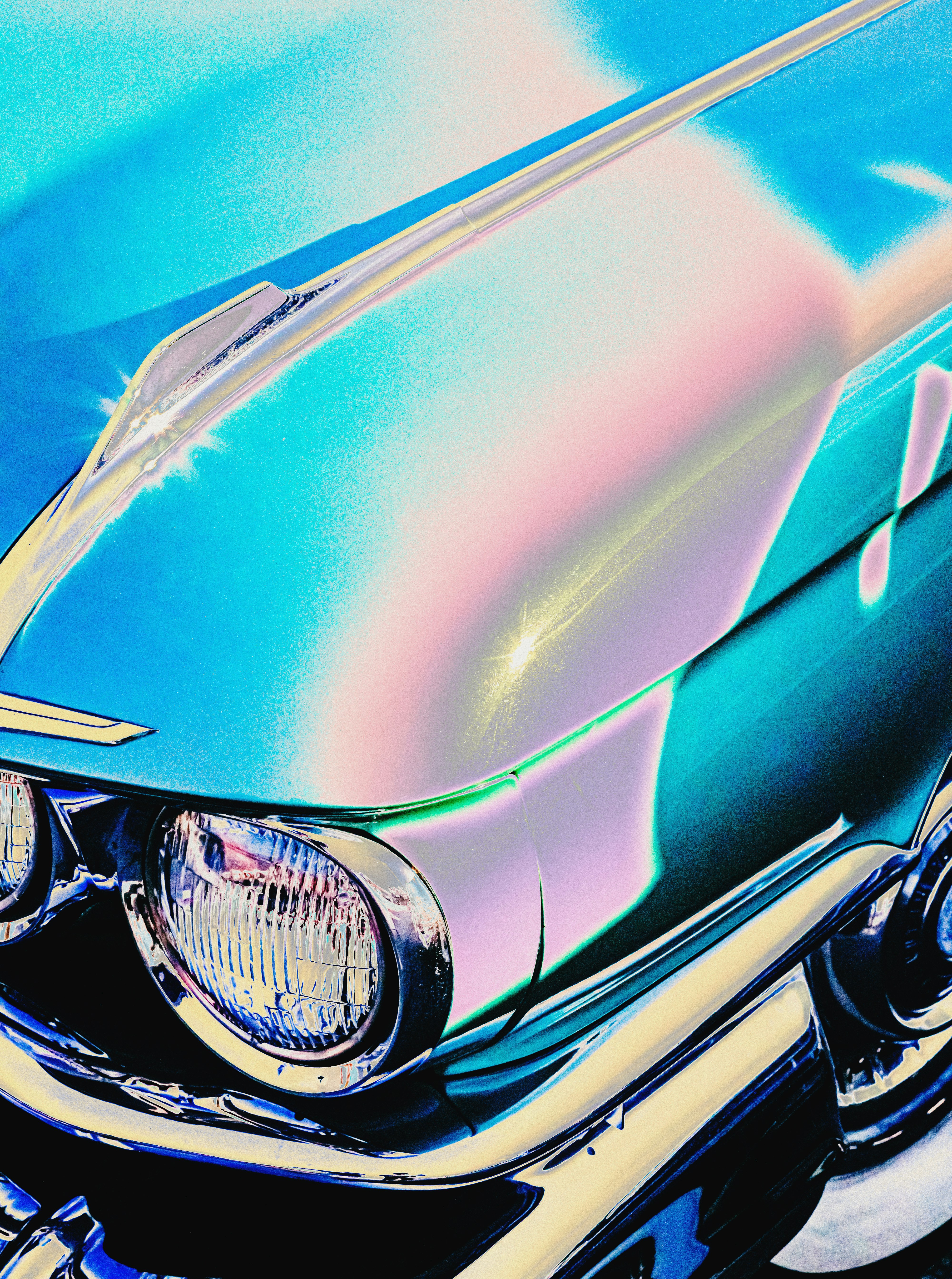 Chromatic Chrome: Neon Reflections on a Classic Car Hood