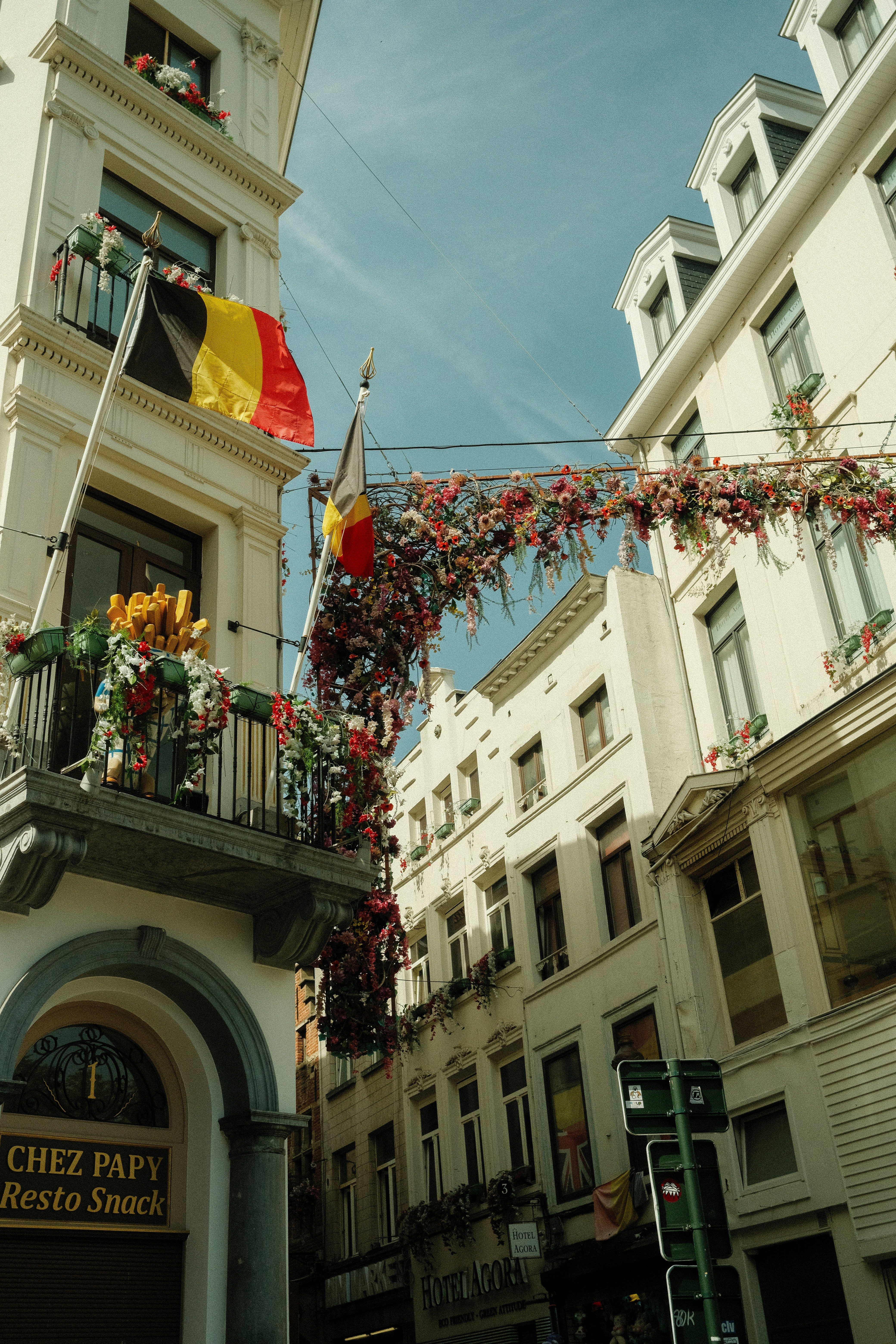Flagged Charm: A Belgian Street Corner Framed by Fleur-de-Villes