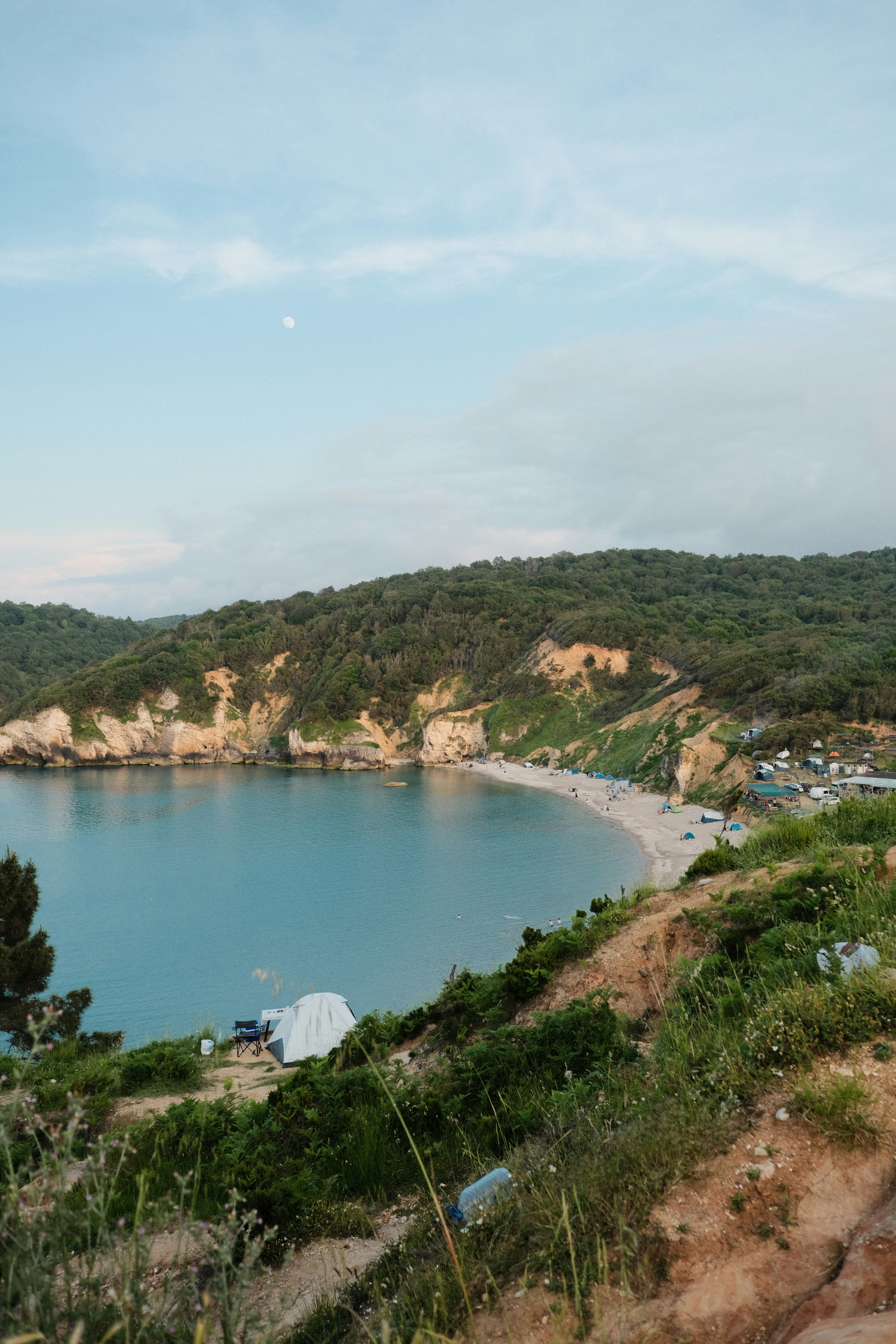 Moonlit Cove: A Curved Beach Nestled Between Verdant Cliffs