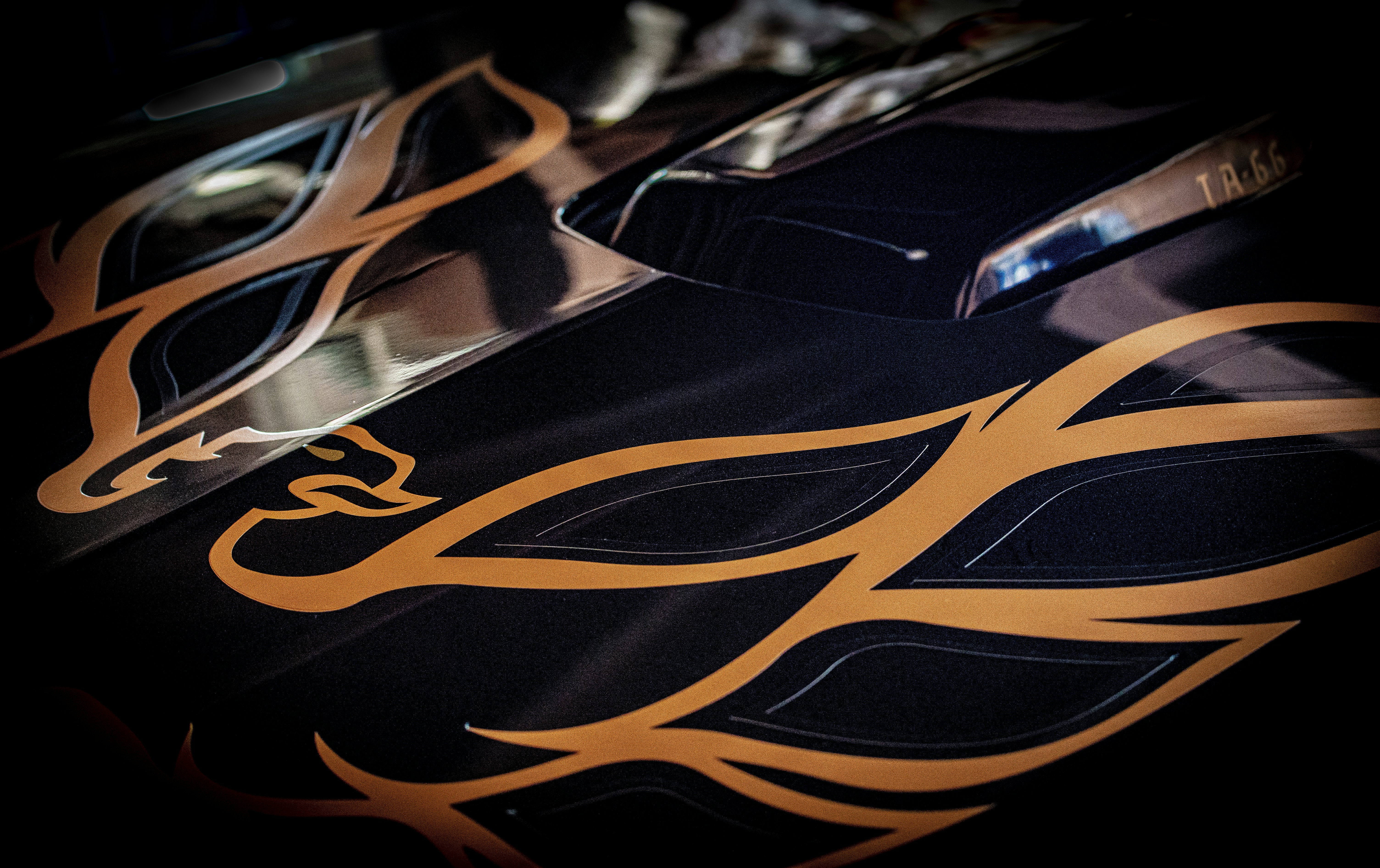 Chrome Veins: Flame Graphics on a Curved Dark Surface
