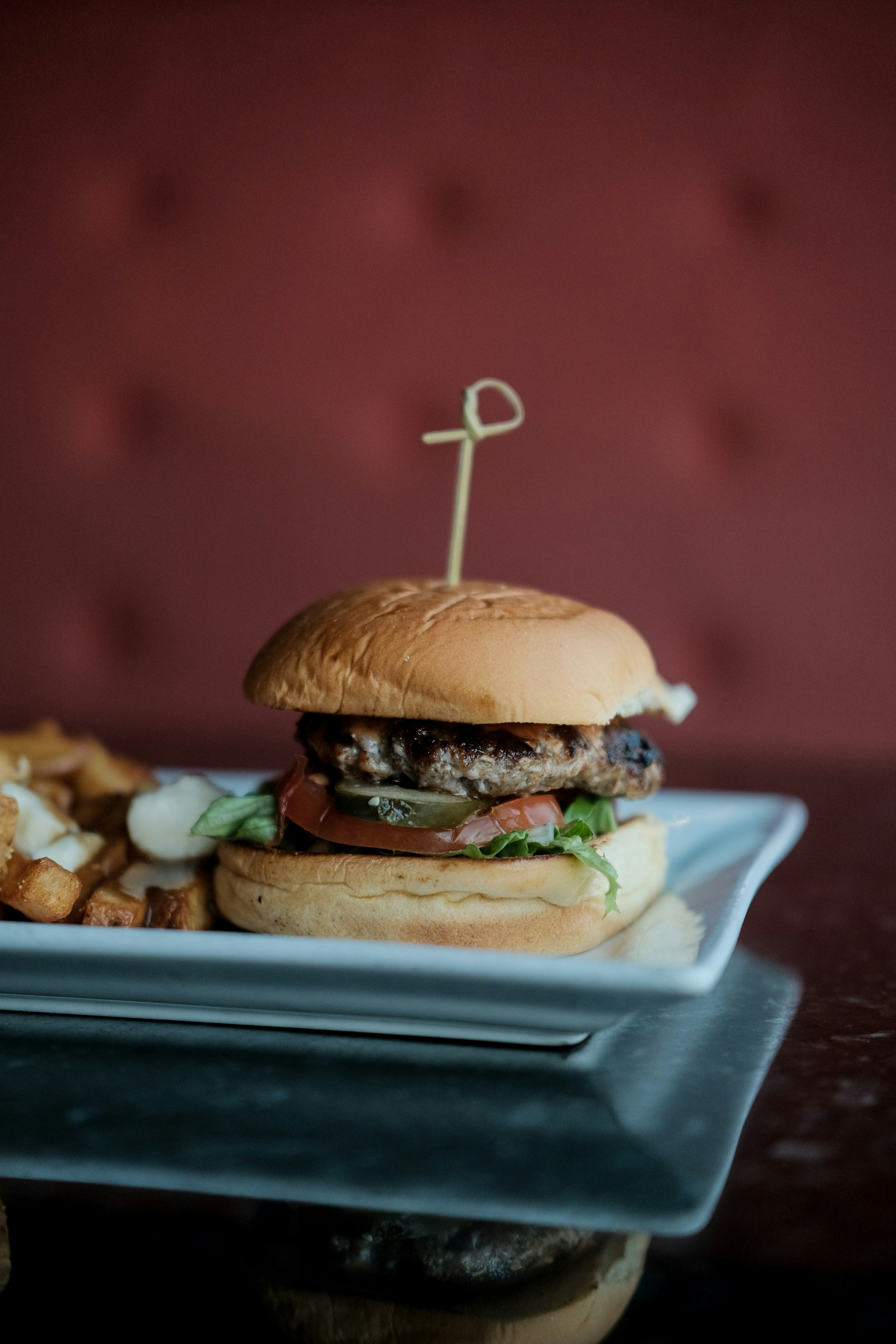 Golden-Bunned Burger on a Plate with Crispy Fries