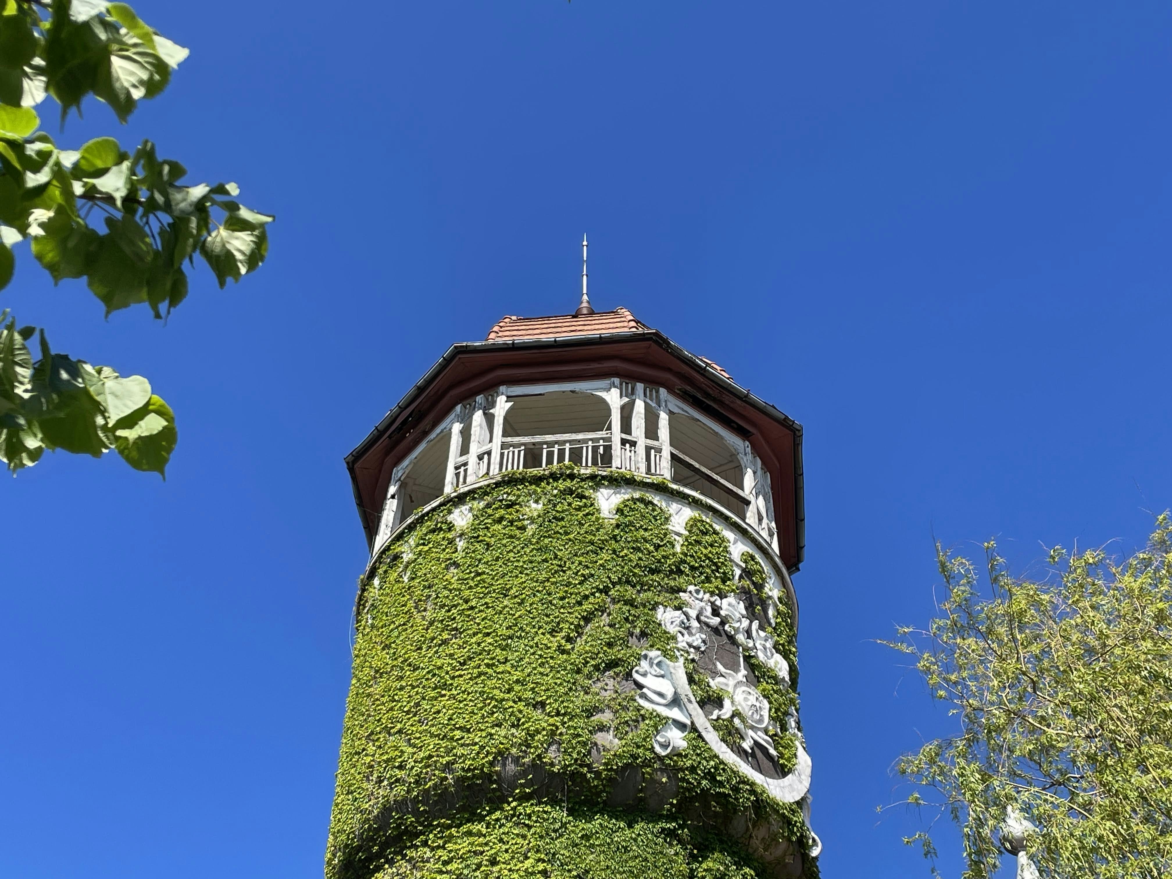 Ivy-Clad Watchtower Reaching Toward a Cerulean Sky
