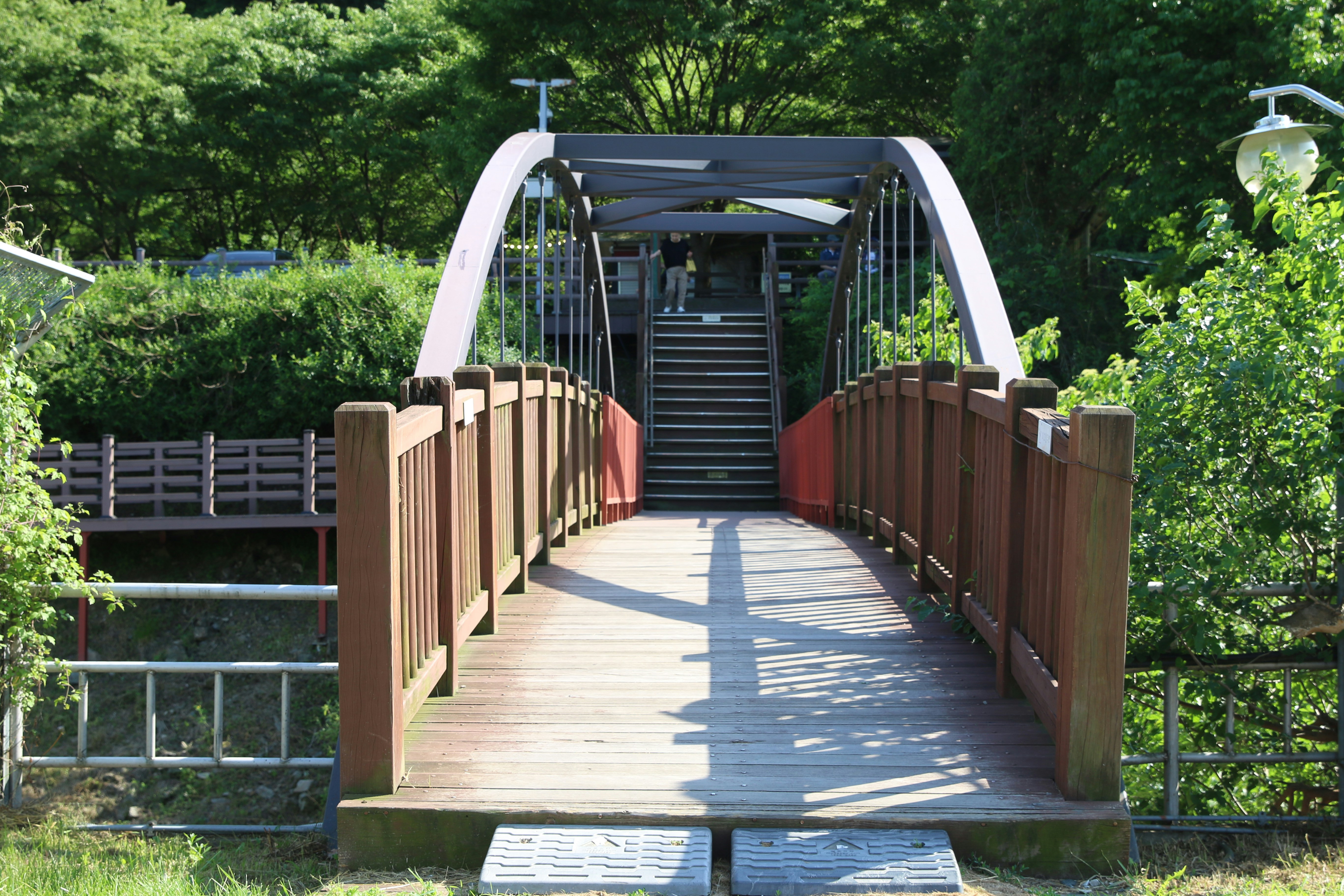  symmetrical pedestrian bridge framed by lush greenery