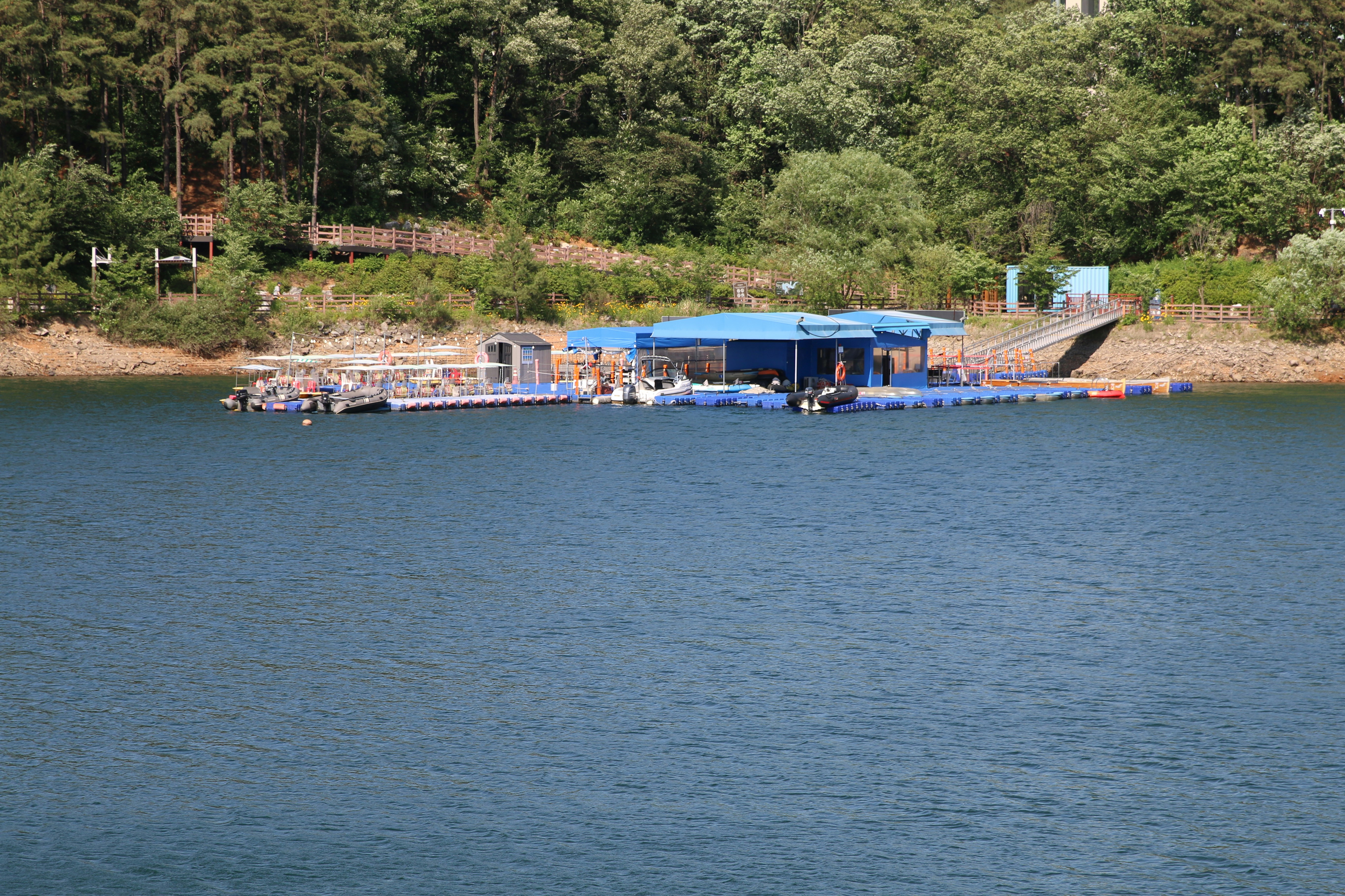 Blue-Top Boat Dock on Calm Lake