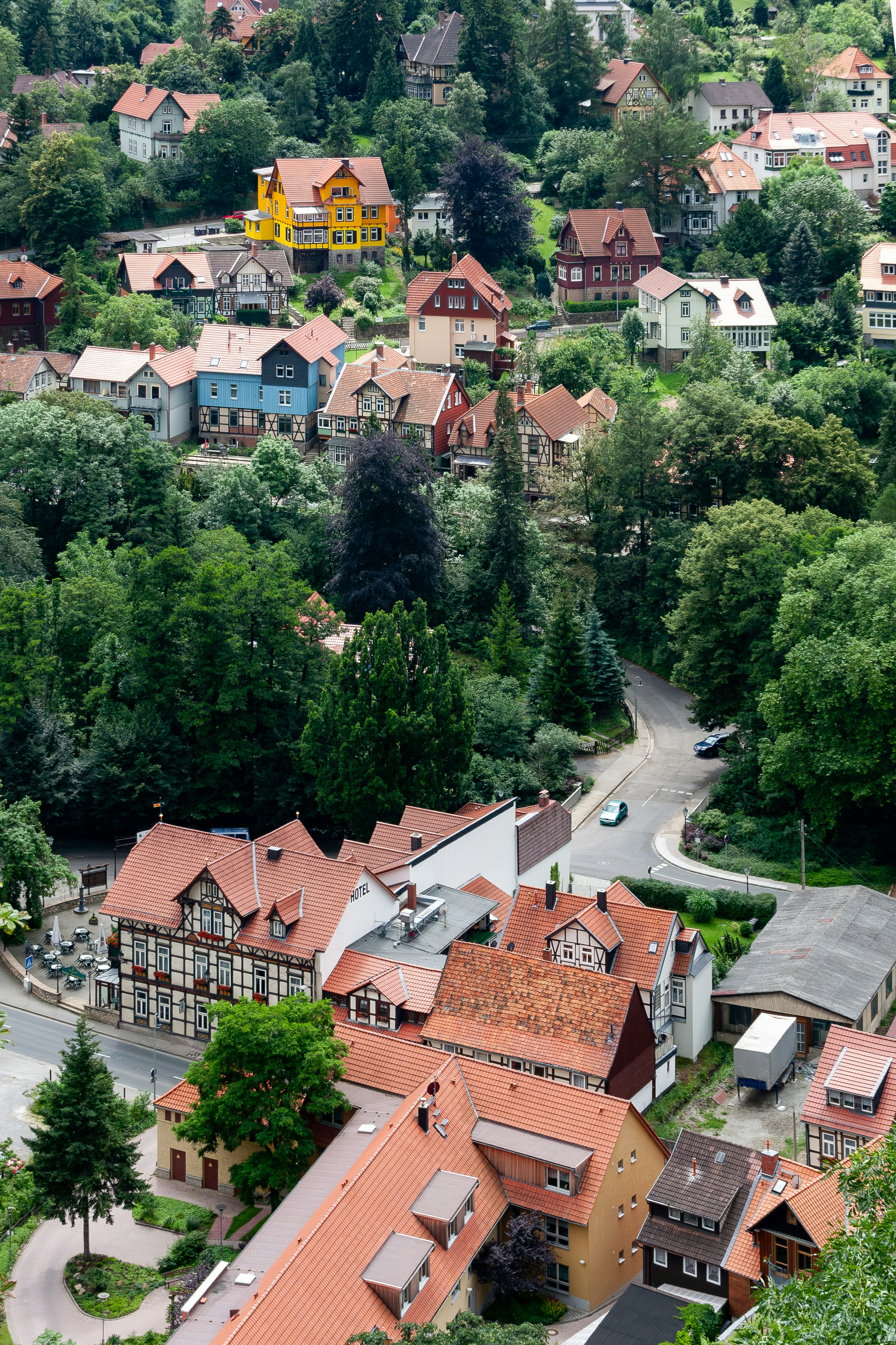 Colorful hillside village clustered along winding streets