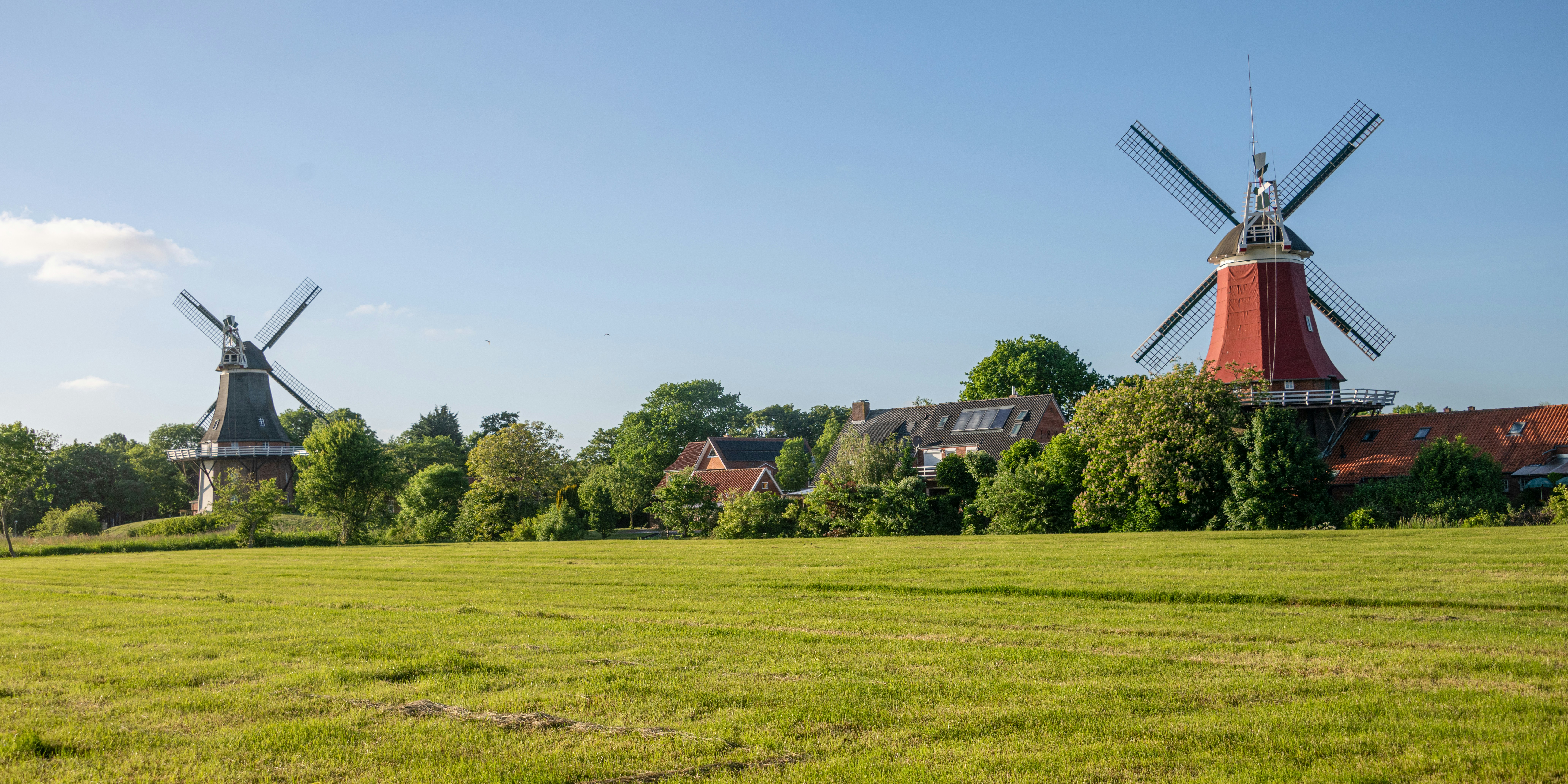 Two historic windmills in a green field under blue sky.