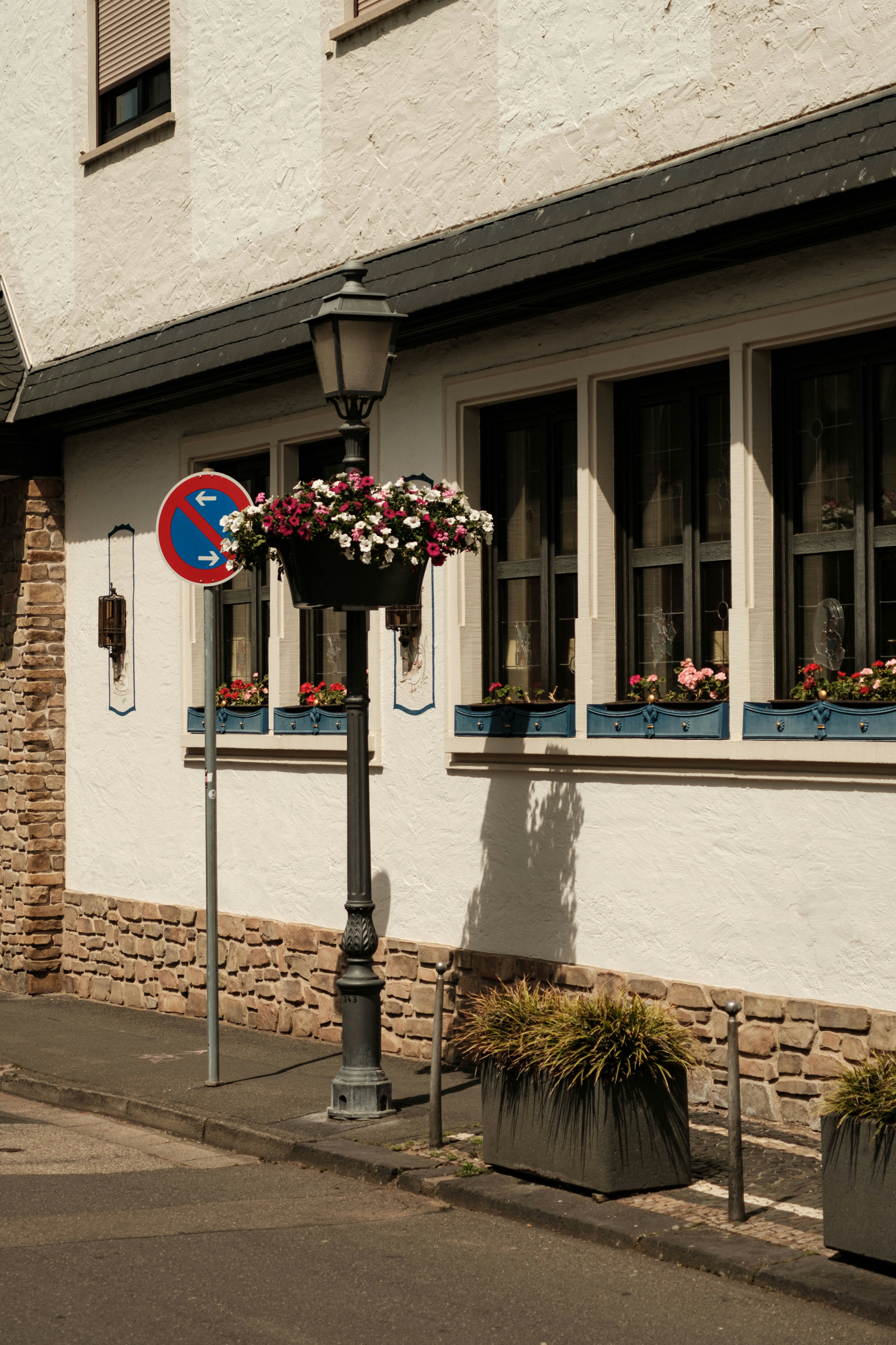 Streetside European Café: Flowering Planter and No-Entry Sign