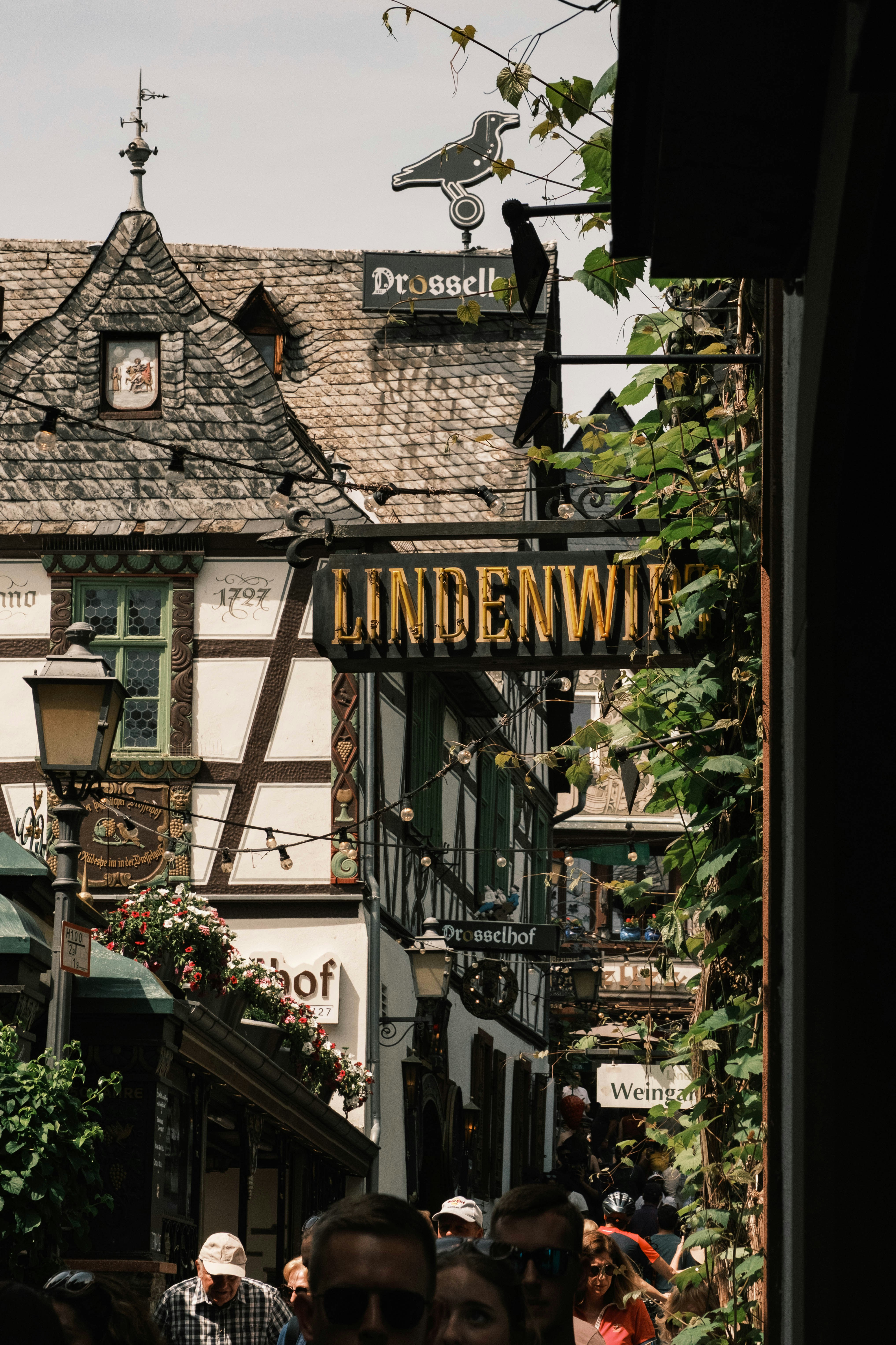 Lüdenweins Passage: timber-framed facades and signboards along a cobbled European street