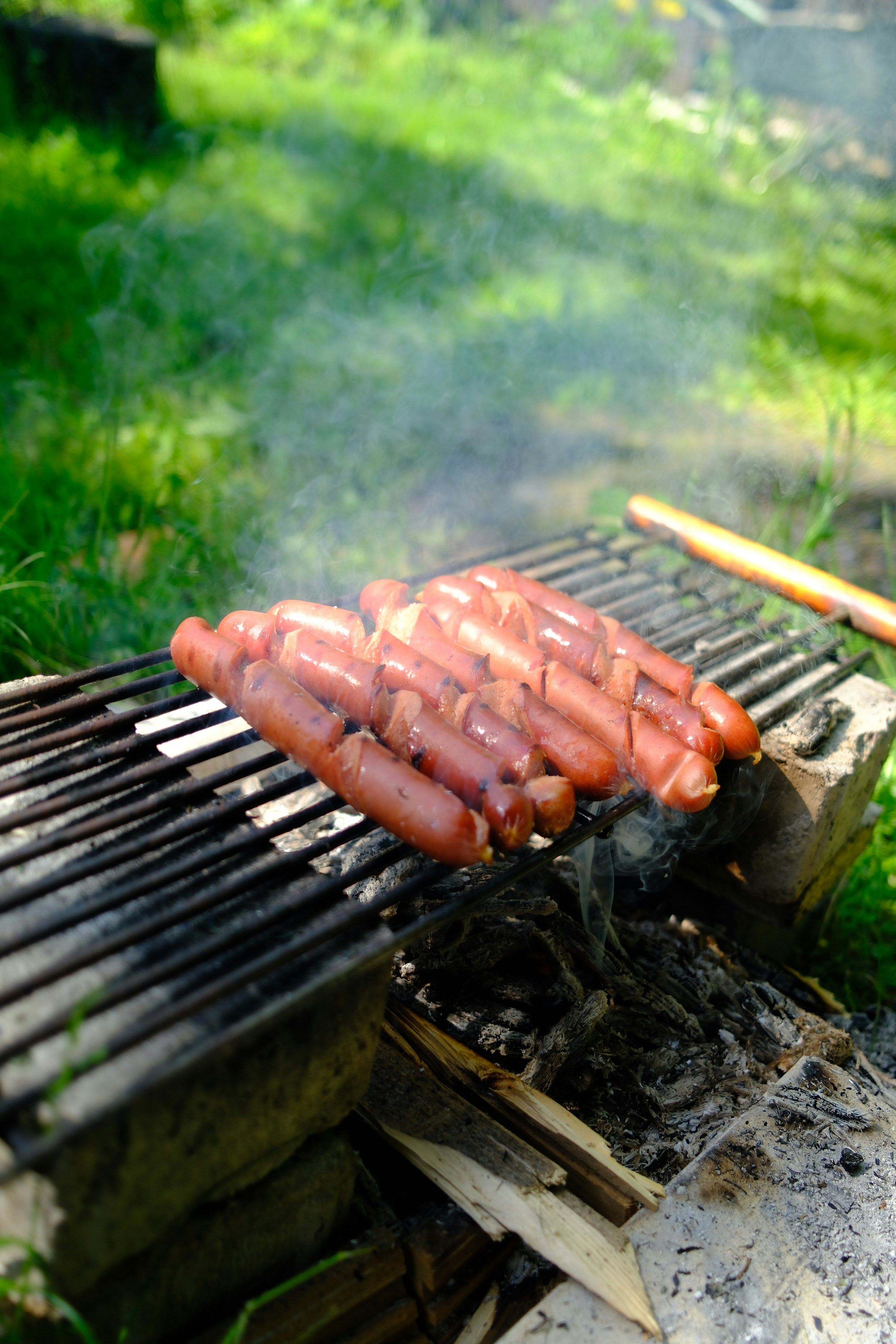Skewered Sunrise: Juicy Sausages Grilling Over Coals