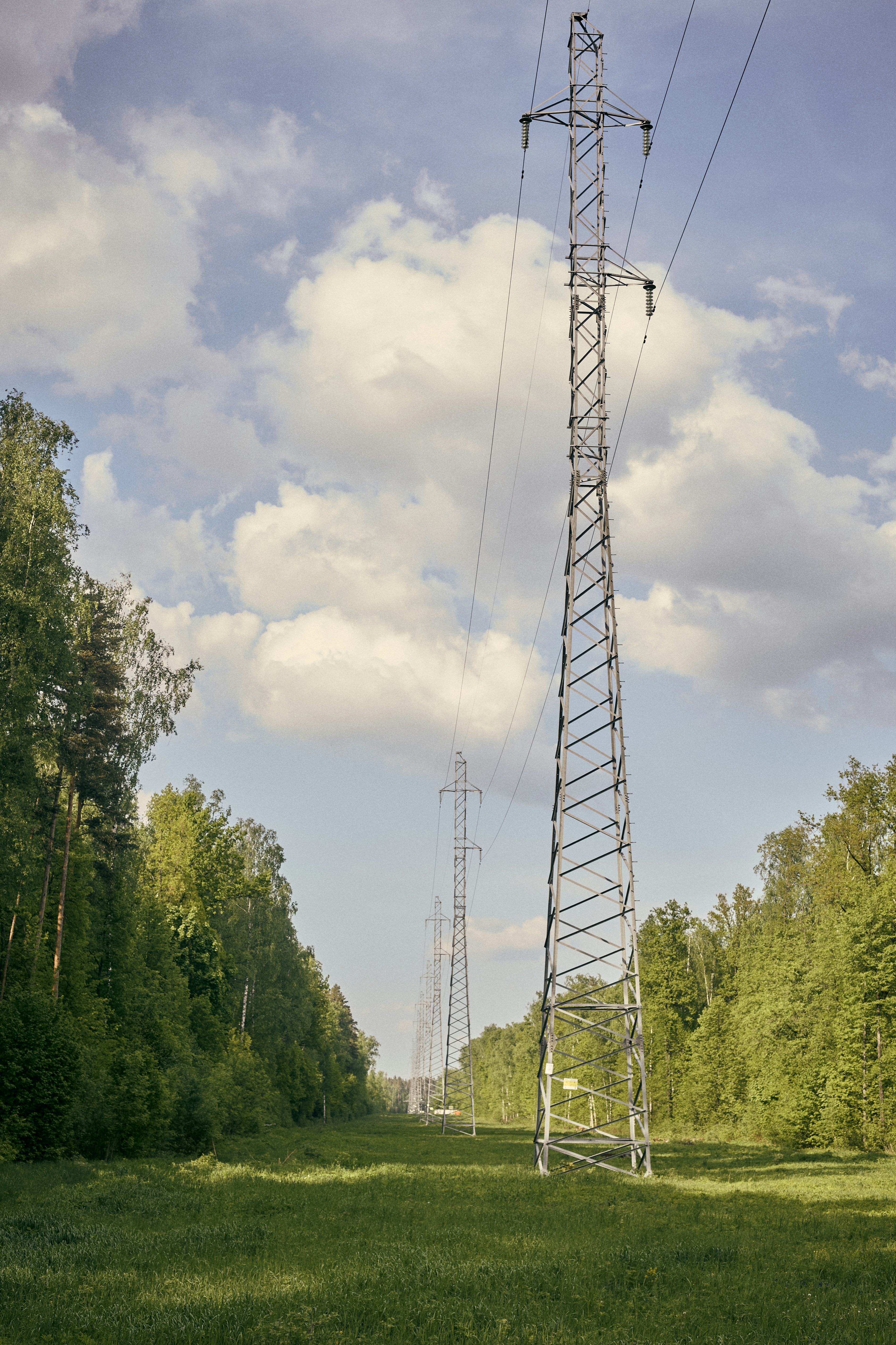Row of Slim Titans: A Rural Corridor of Transmission Towers Reaching Toward the Sky
