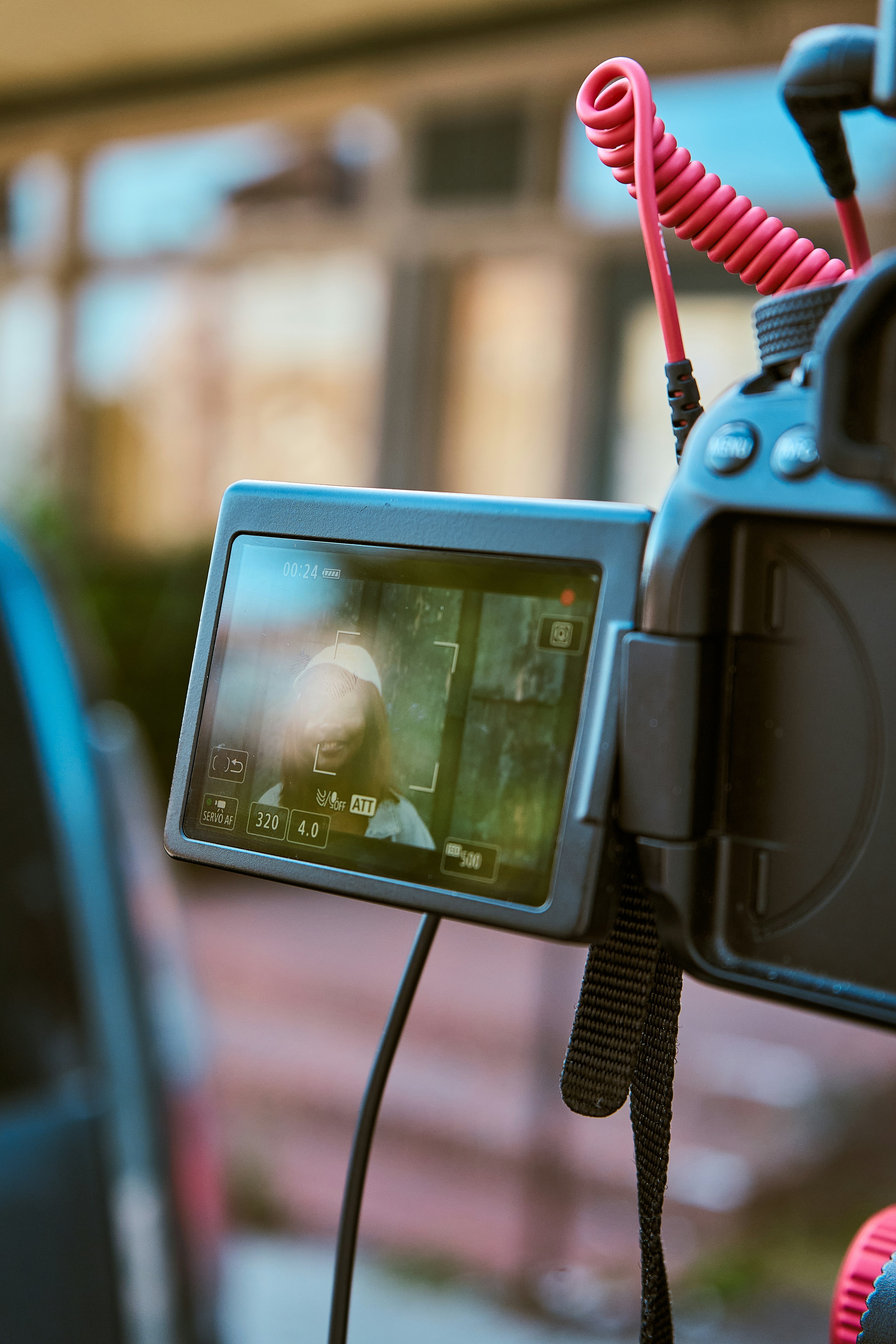Rear monitor of a handheld camcorder in action