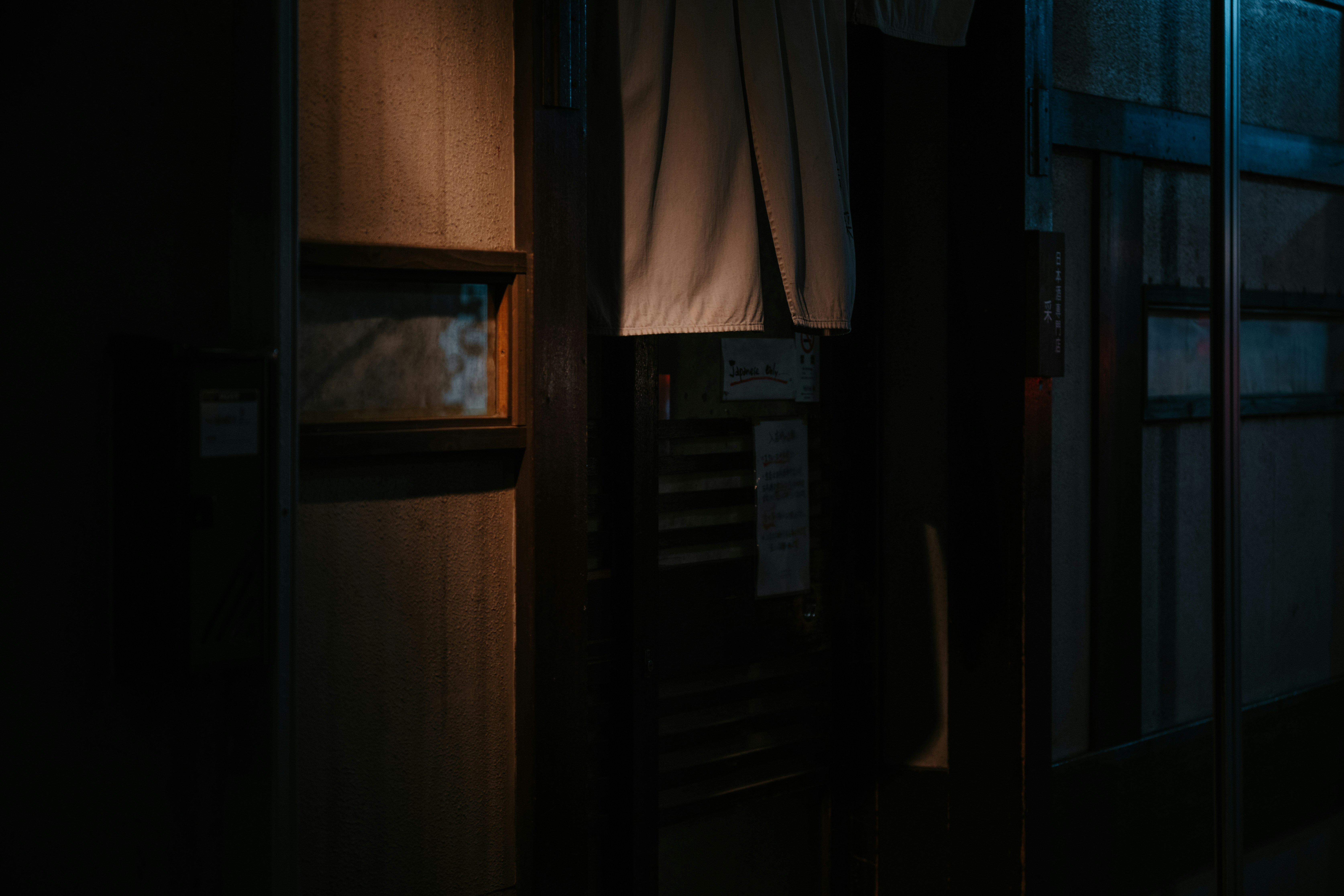 Segregated Light: A Quiet Corridor Bordered by Dim Wardrobe and Refrigeration