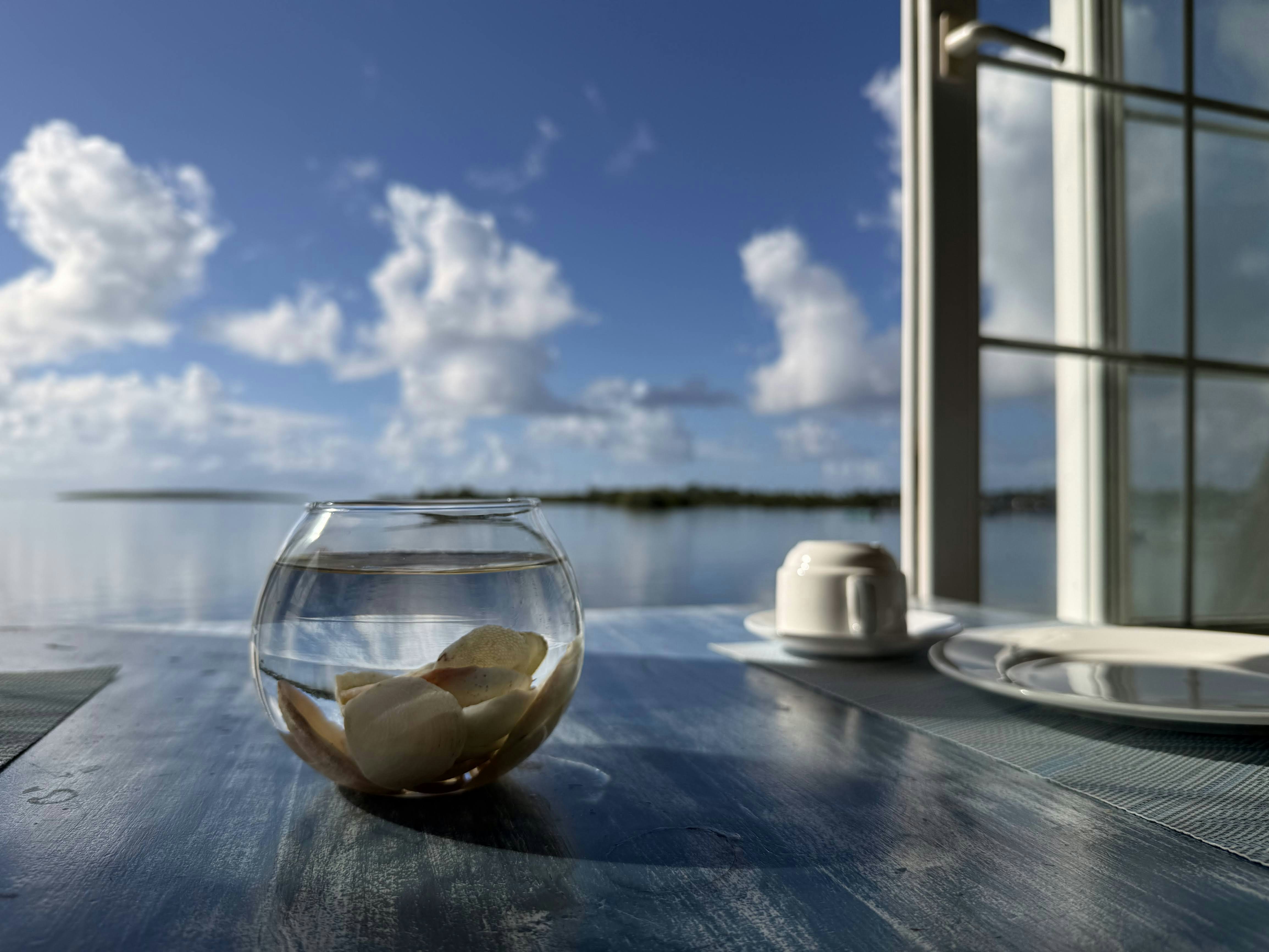 Glass bowl of citrus on a sunlit seaside deck