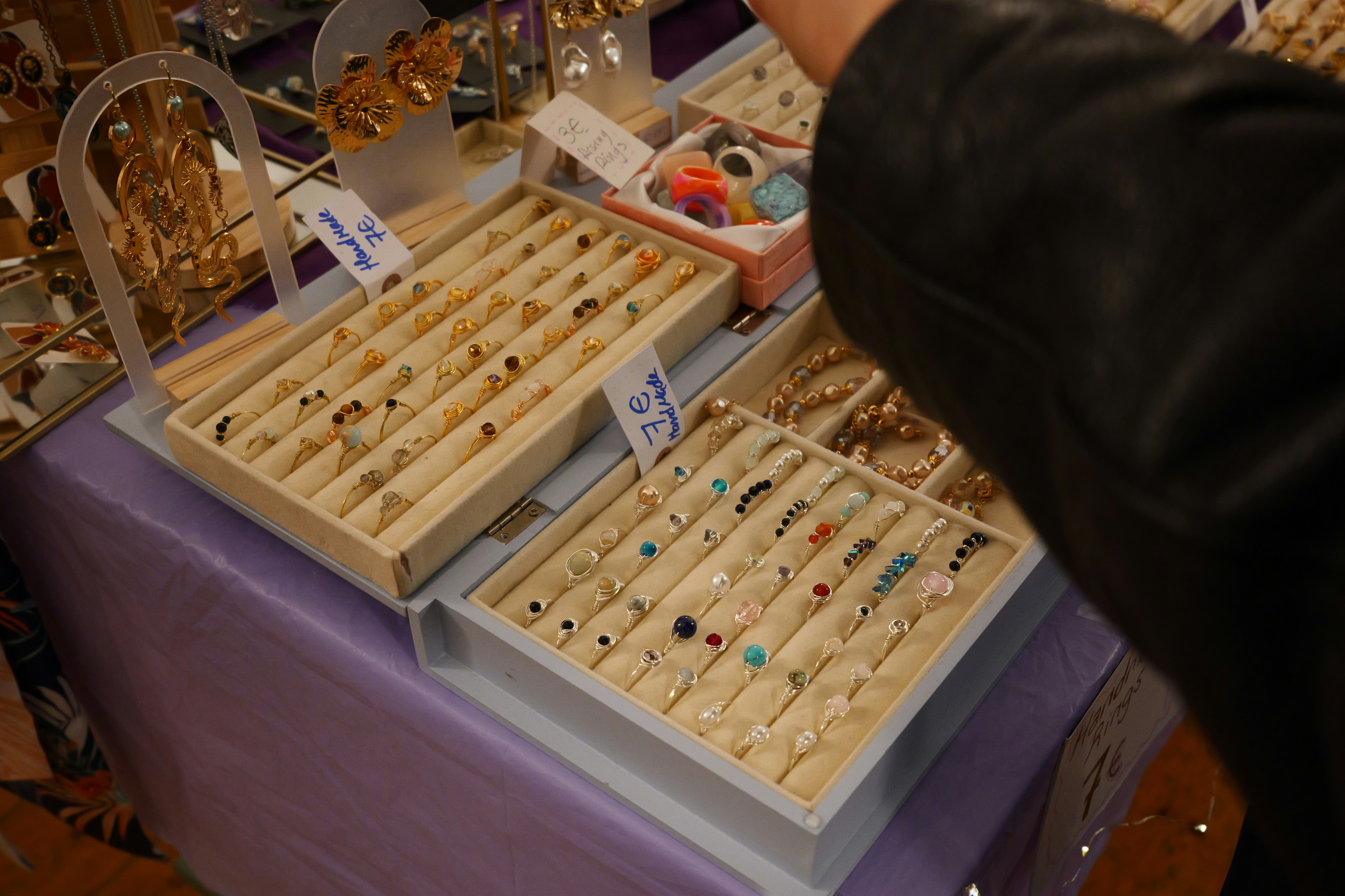 Glimmering Jewelry Display: Close-Up of Prismatic Bracelets and Rings