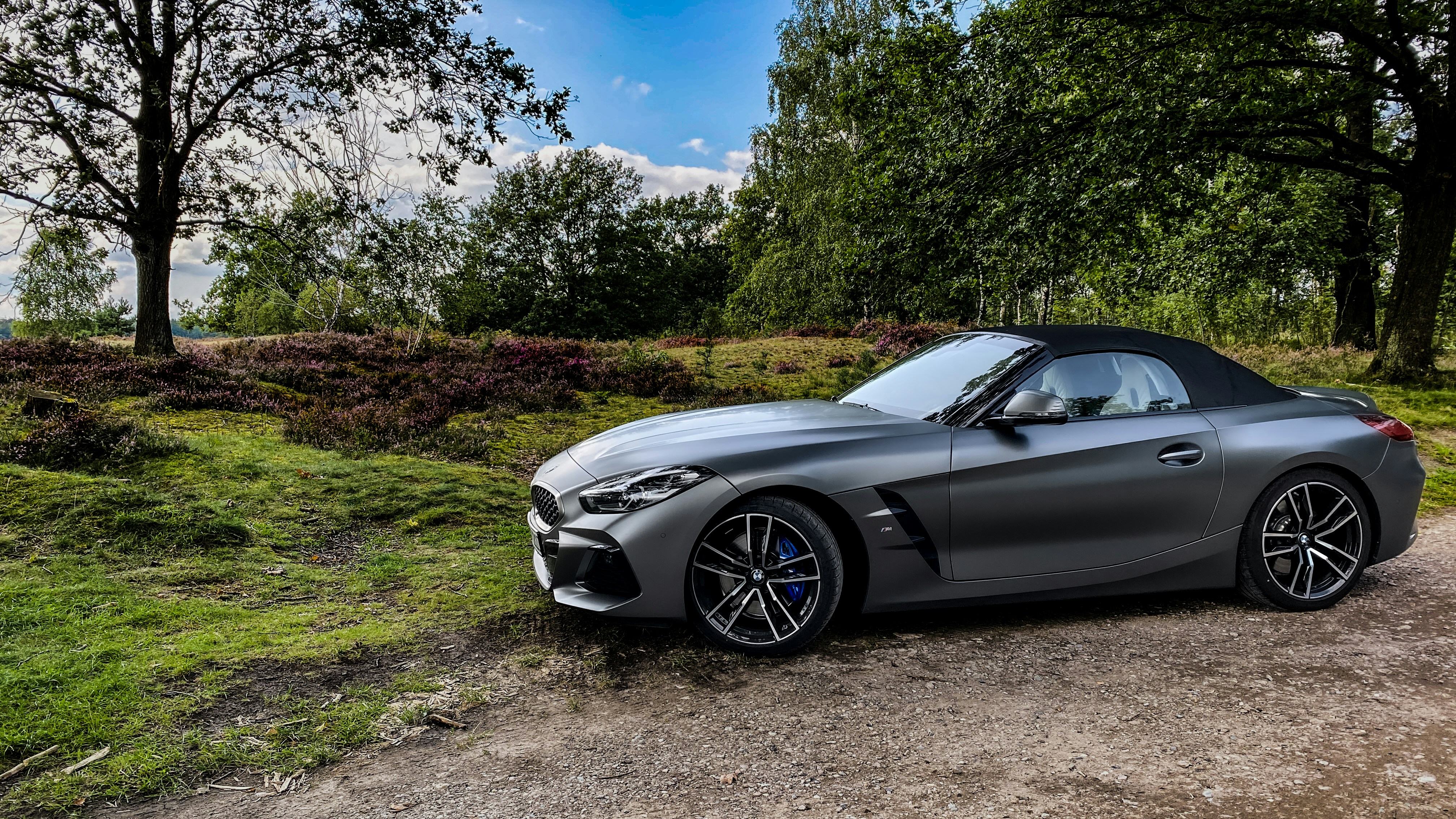 Grey BMW Z4 Roadster resting on a gravel path in a sunlit park