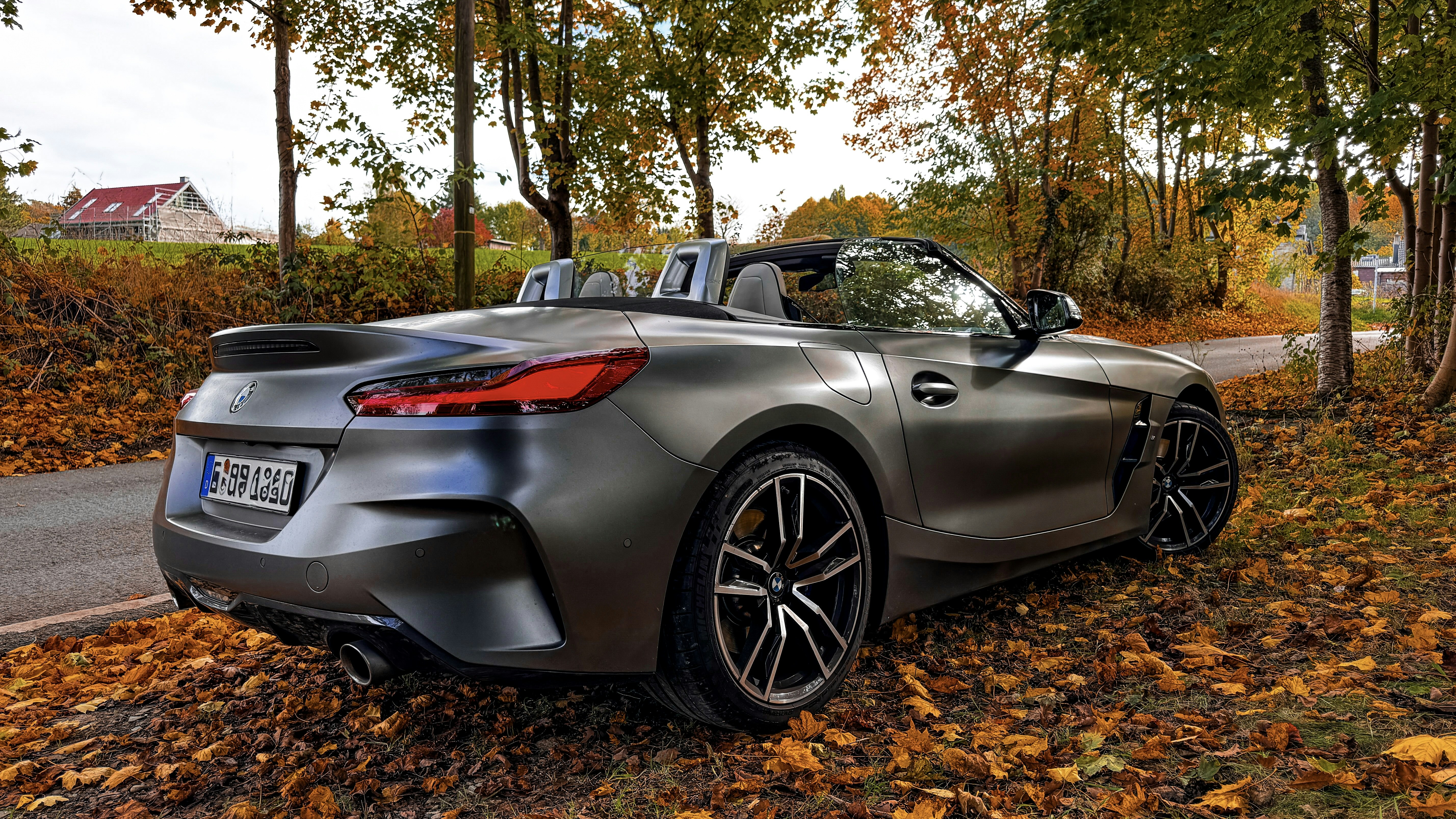 Stormy Metallic Roadster Quietly Reposes Among Autumn Leaves
