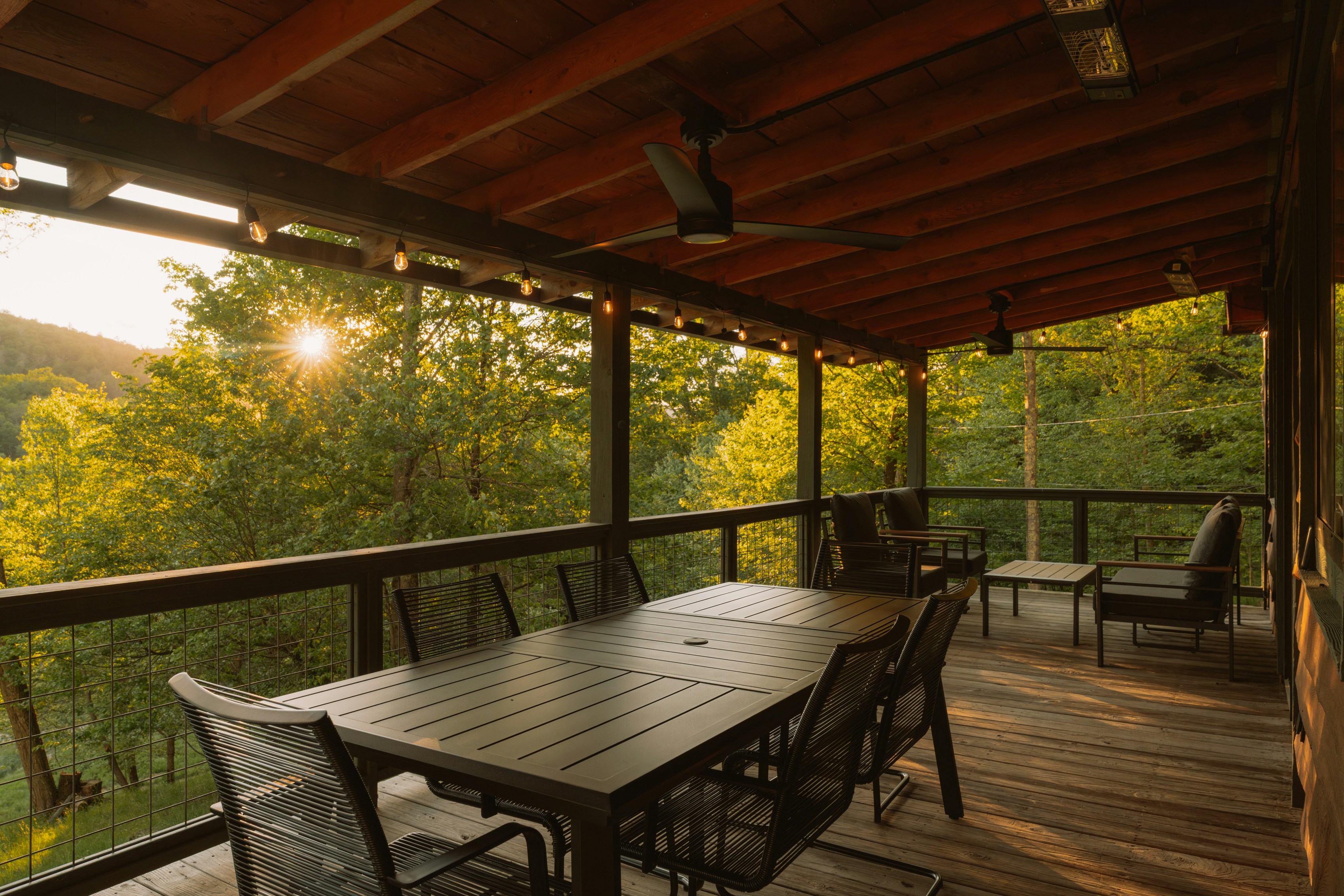 Sunlit Terrace: Evening Glow Over a Cedar-Deck Feast