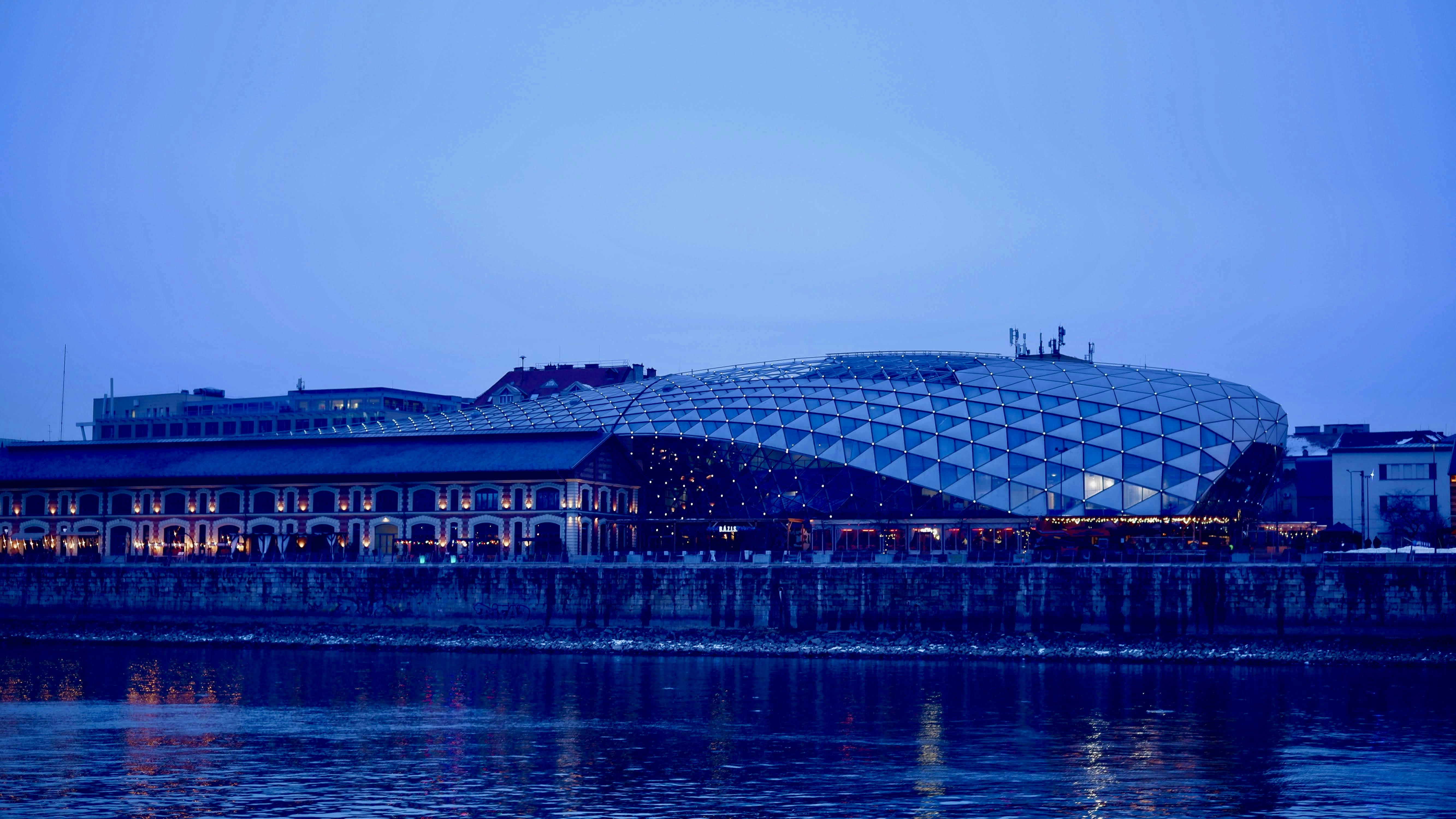 Blue-hour Skyline: The Waterfront Dome by the River