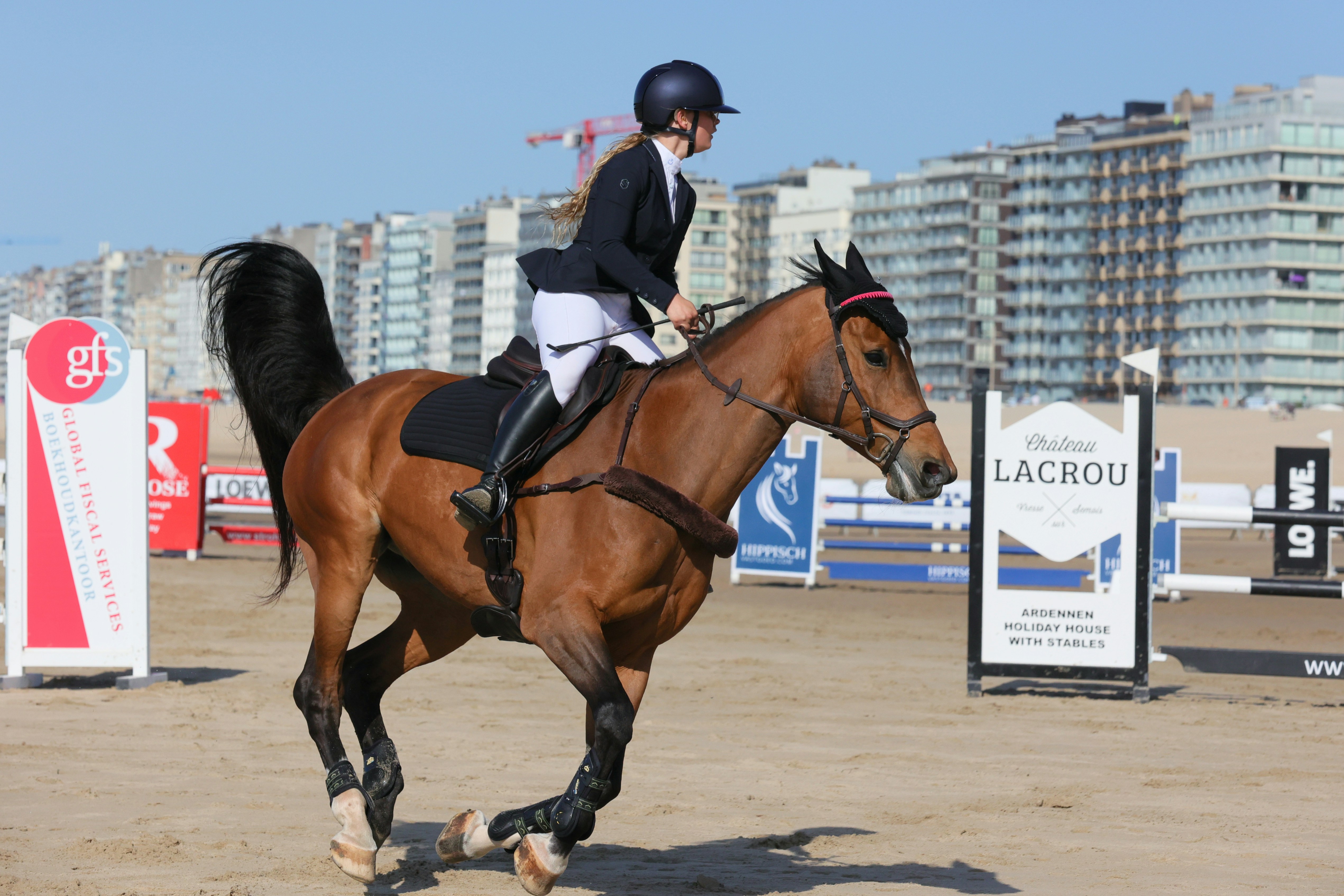 Rider in Command: Focused Jump Over a Sand Arena Obstacle