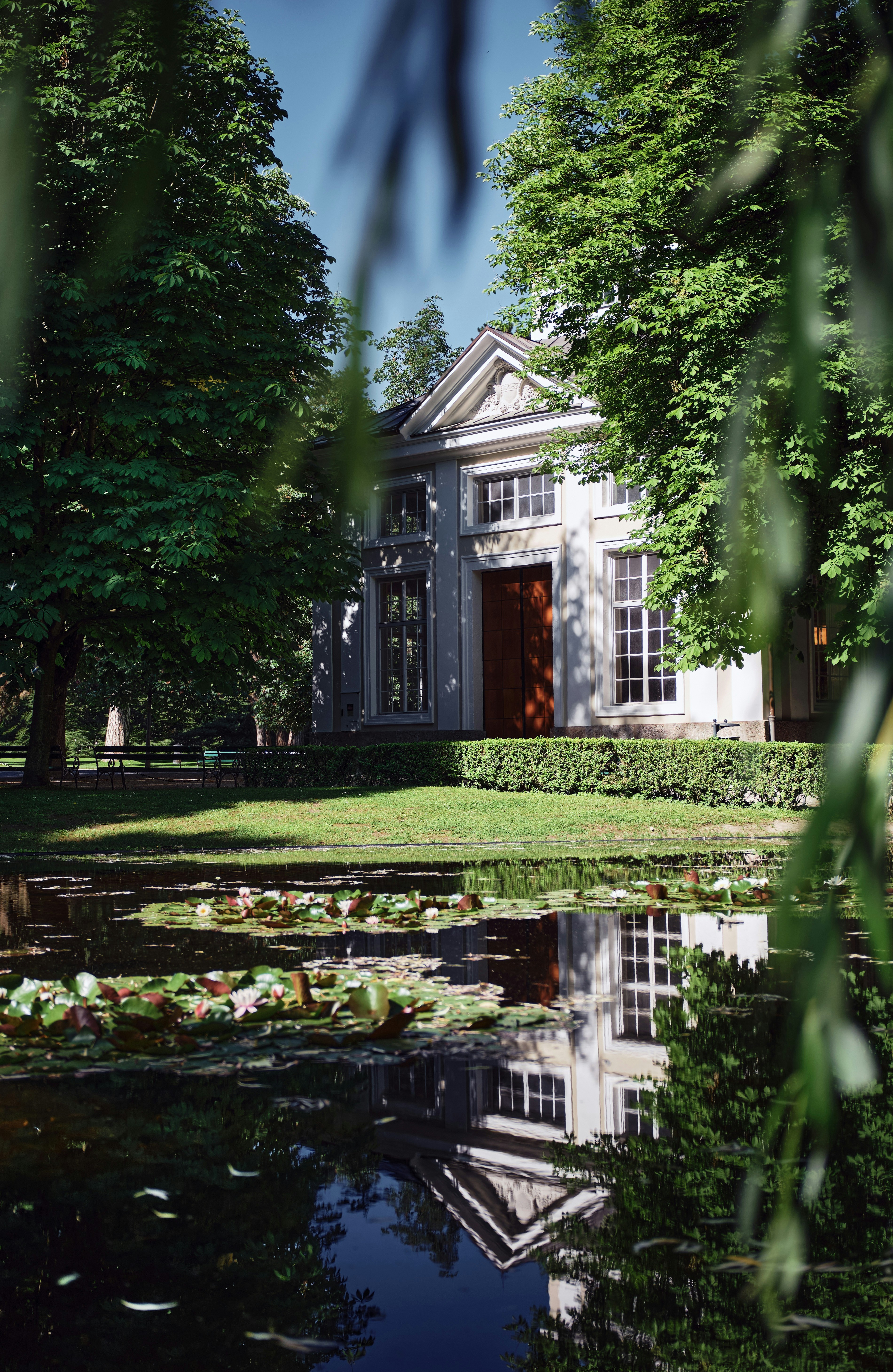 Reflected Manor: symmetry, water lilies, and a quiet courtyard garden