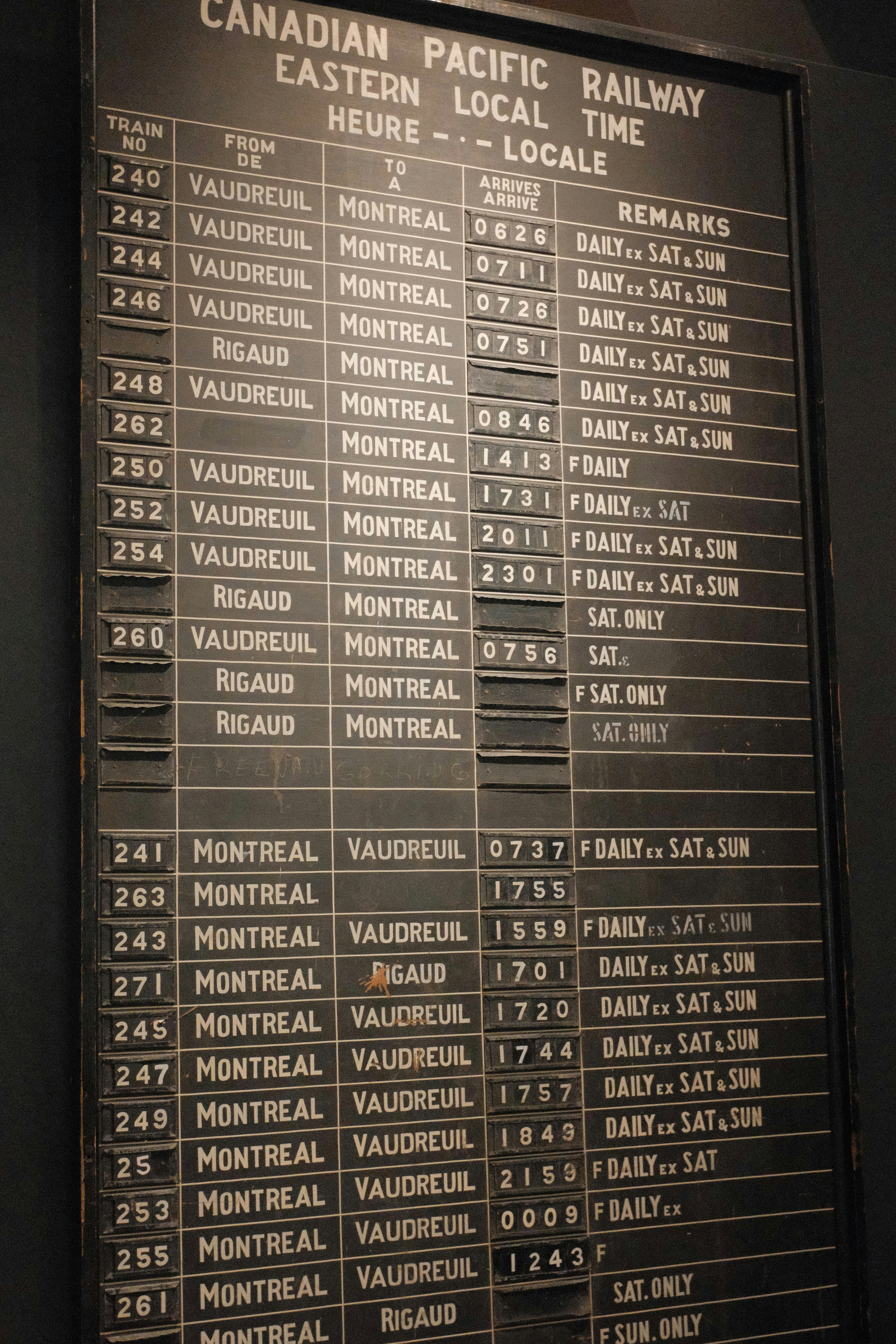 Old canadian pacific railway eastern local time train schedule board.