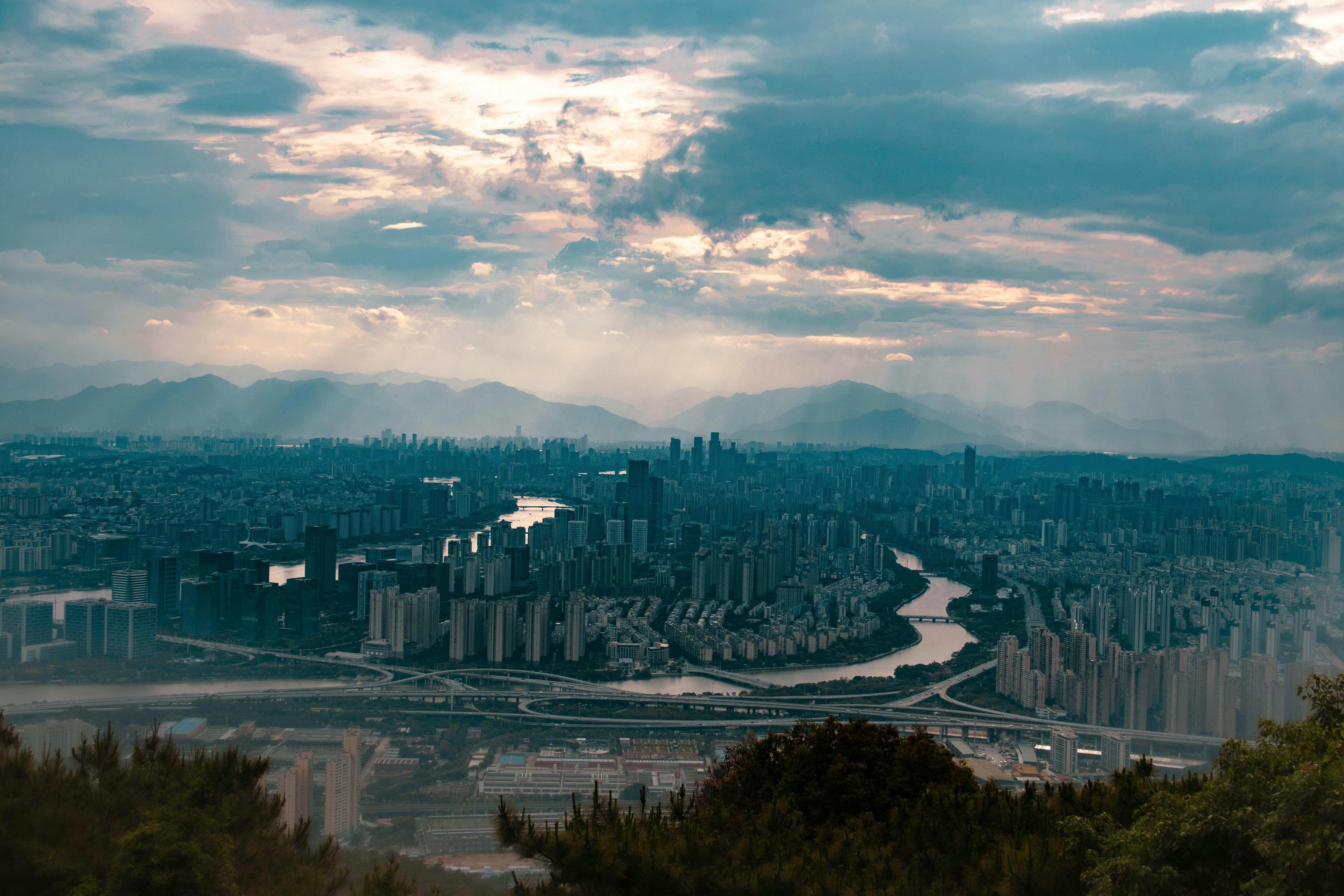 Sunbeams over a Modern Rivercity