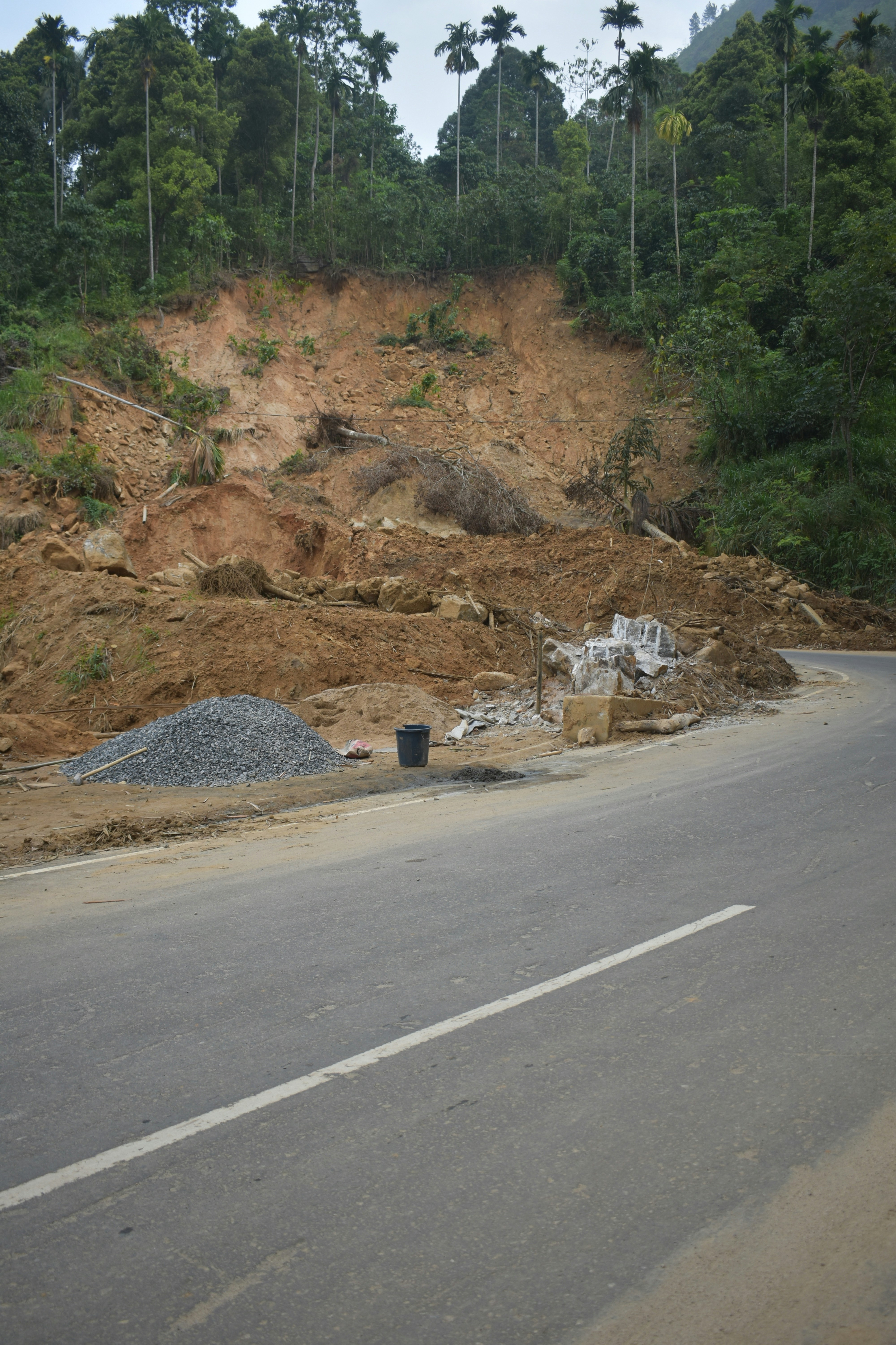 Rugged hillside construction beside winding asphalt
