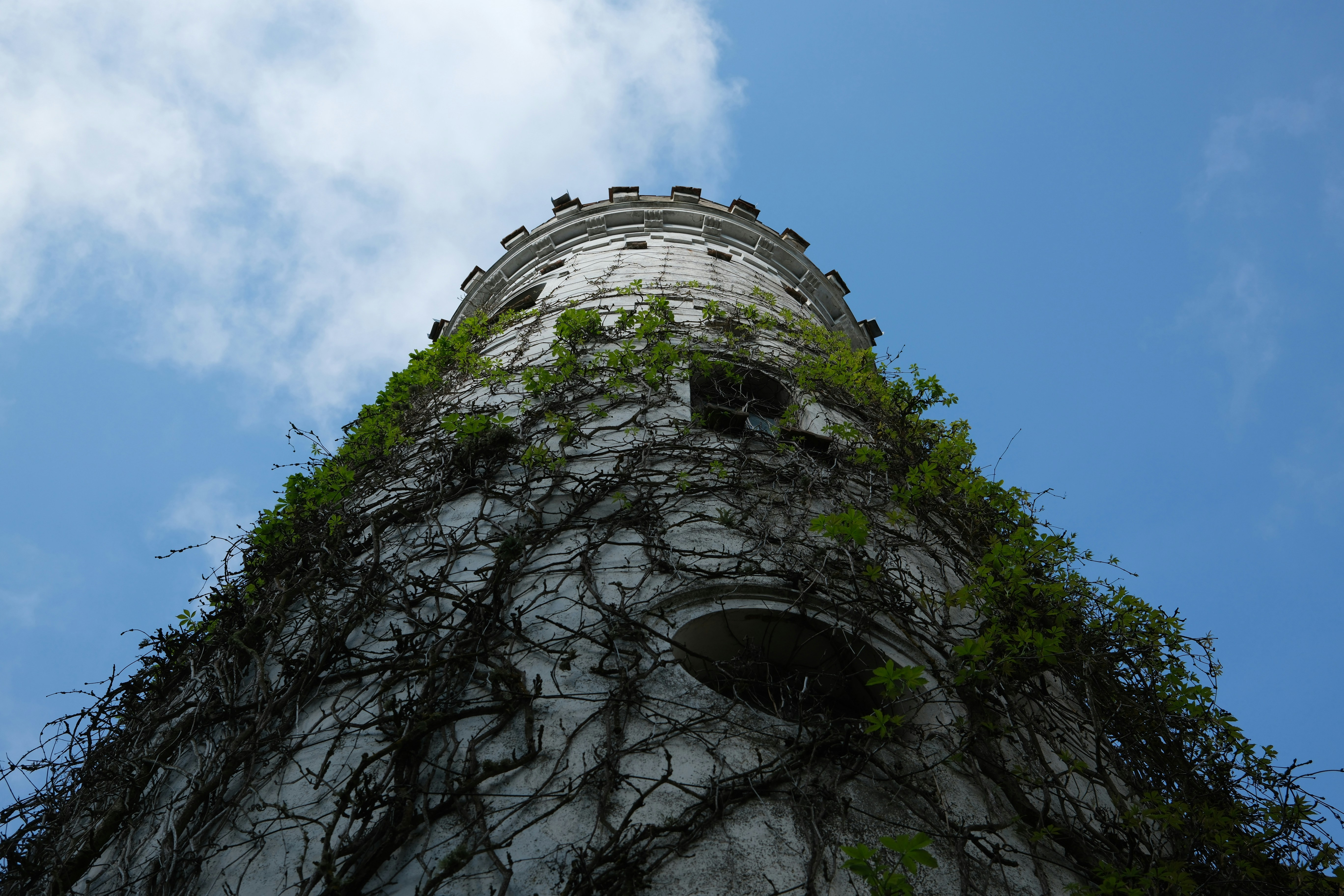 An old, vine-covered stone tower against a blue sky.