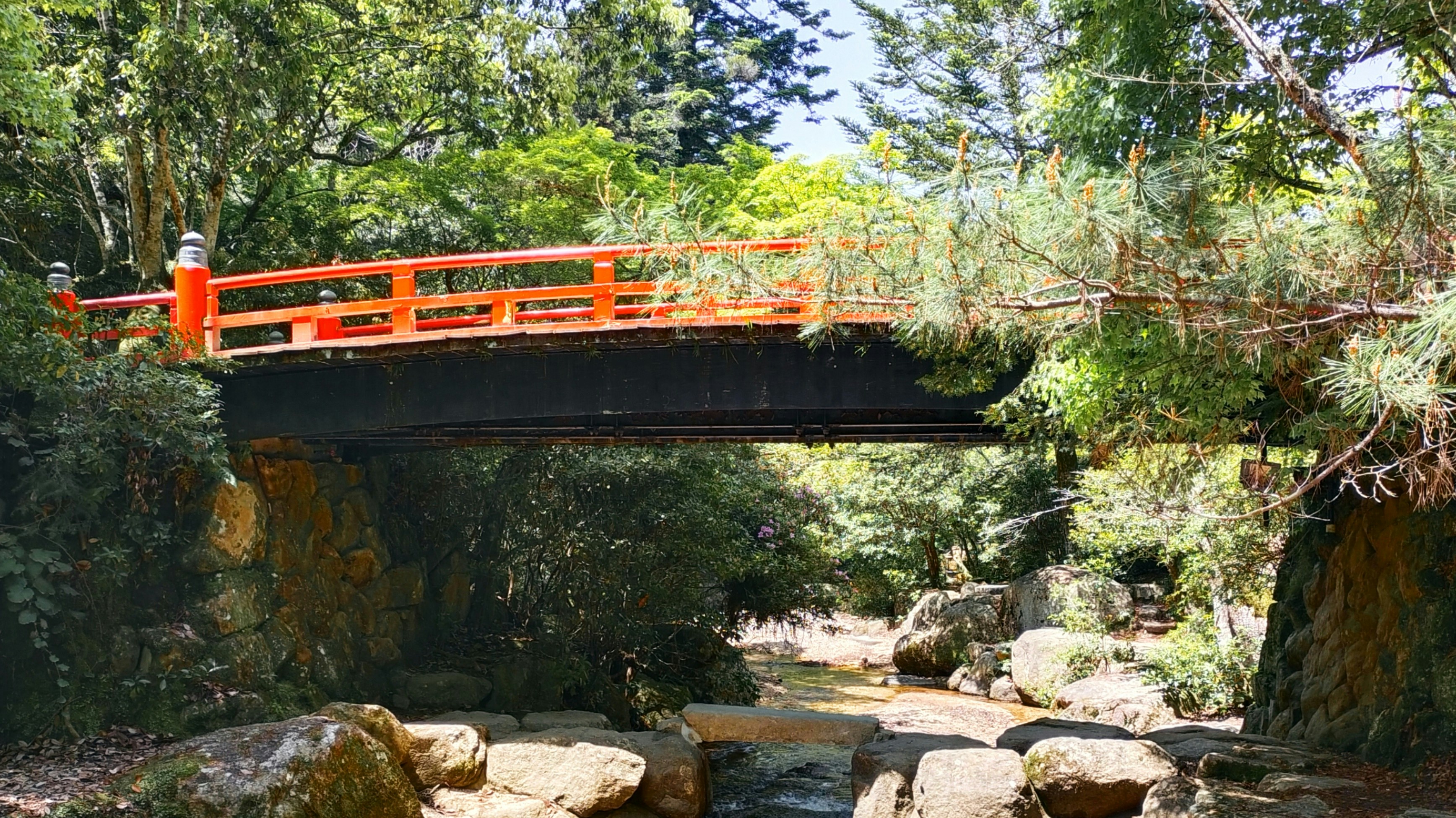 Red-Railed Bridge Over a Quiet Greenscape