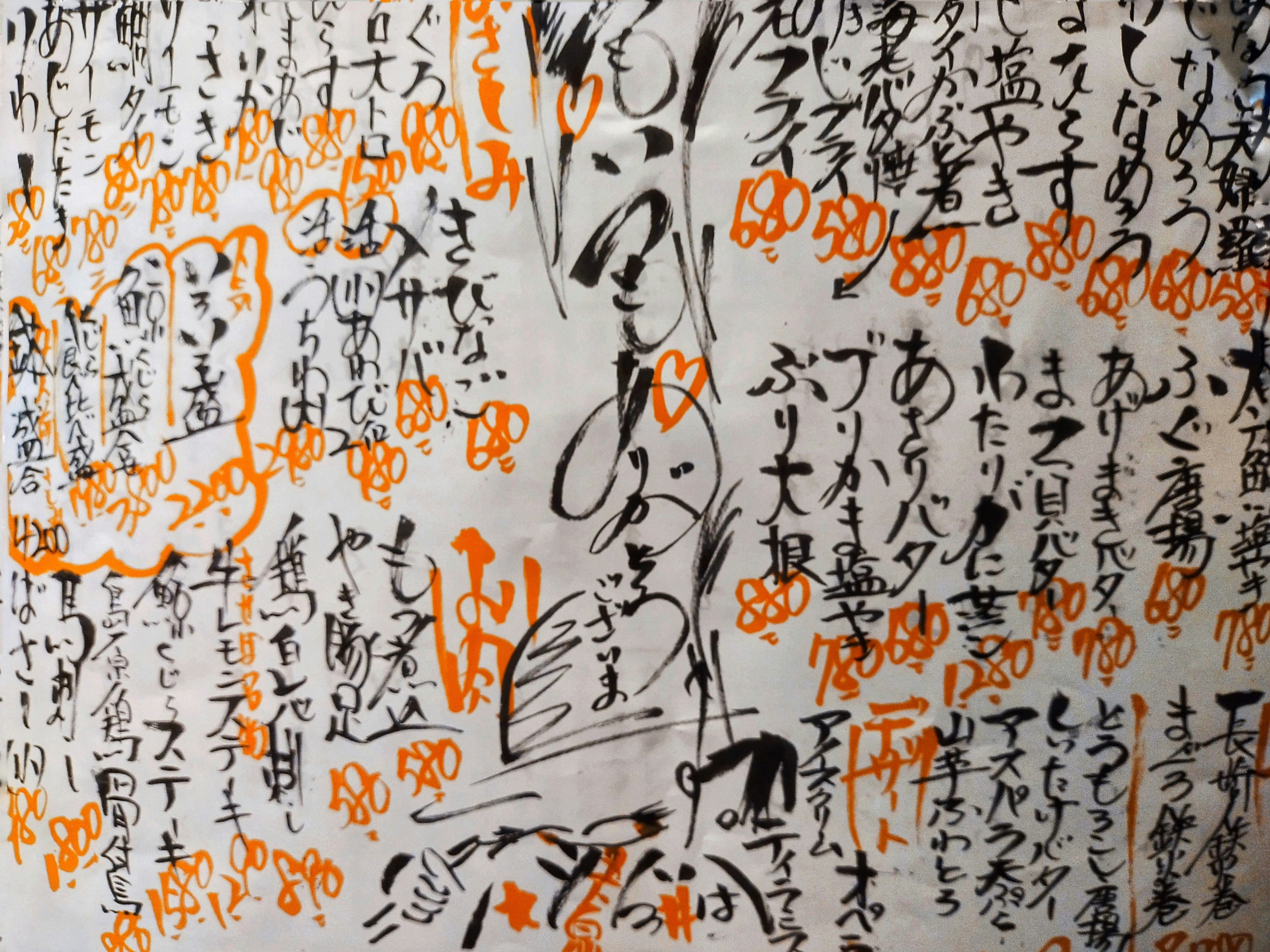 Orange markings trace highlights across dense Japanese handwriting on a wall, emphasizing specific clusters and shapes. The scene appears to be a close-up of a wall with layered notes and drawings, some characters enclosed by orange outlines.